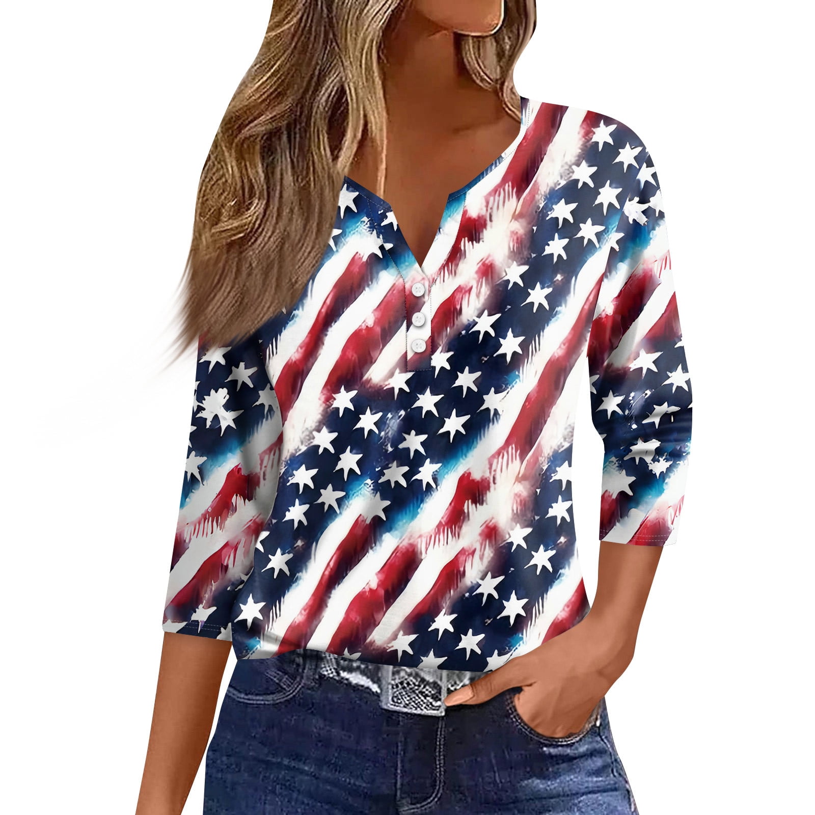 TQWQT American Flag Tops for Women Patriotic 3/4 Sleeve Blouses Button ...
