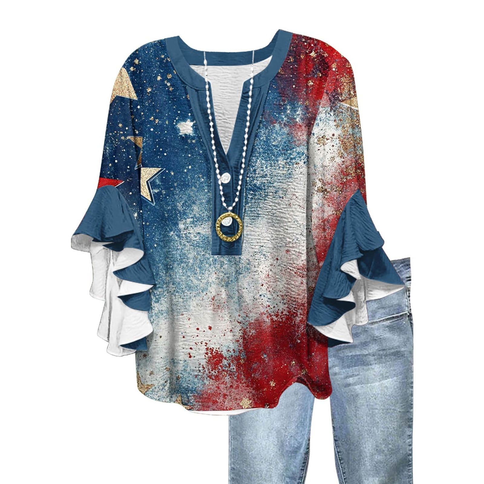 TQWQT Blouses for Women 3/4 Length Sleeve Button Down Shirts V-Neck ...