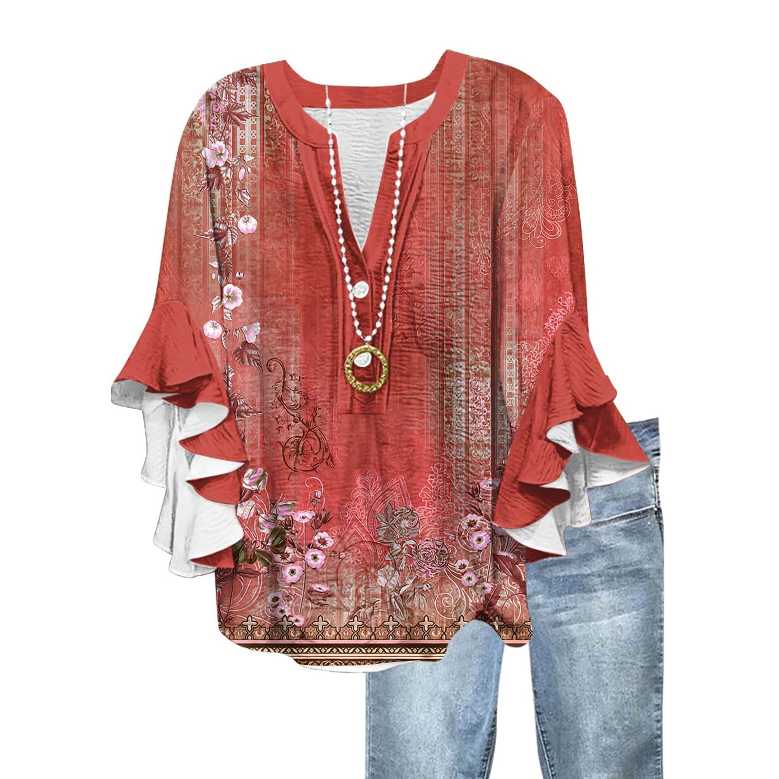 TQWQT Blouses for Women Trendy V Neck Button Down Shirts Ruffle 3/4 ...