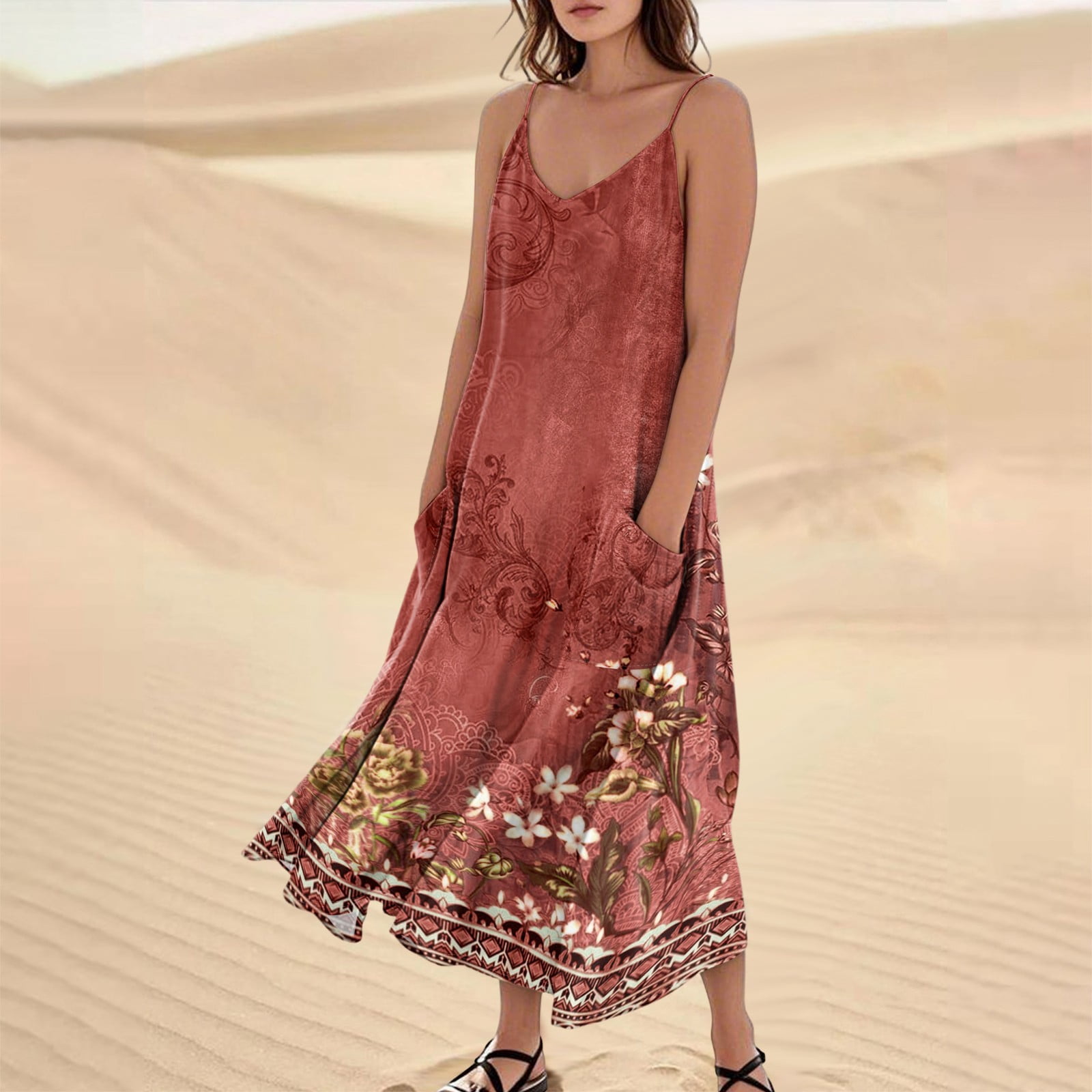 TQWQT Boho Dresses for Women 2025 V-Neck Sundresses Summer Sleeveless ...