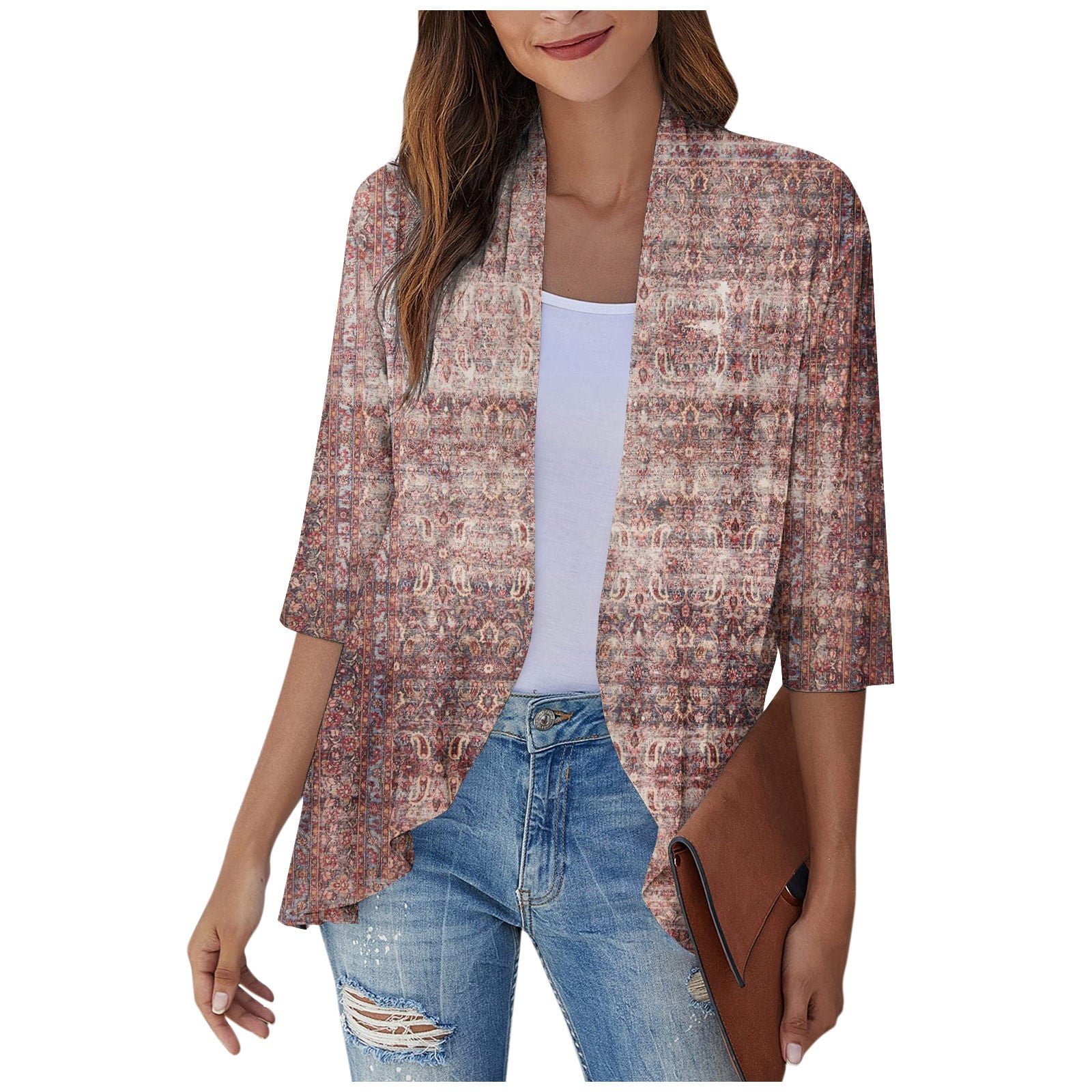 TQWQT Cardigans for Women Casual Lightweight 3/4 Sleeves Open Front ...