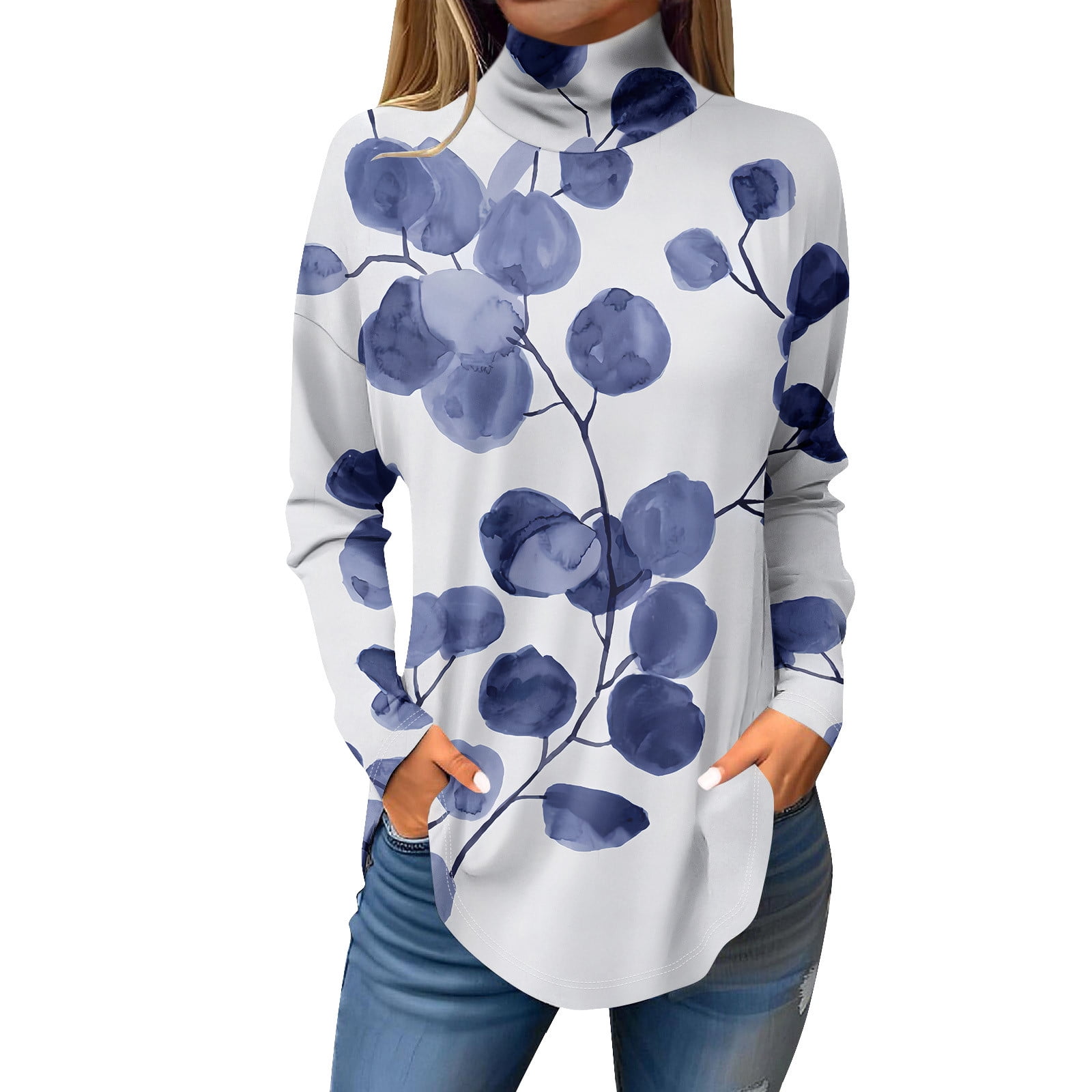 TQWQT Cowl Neck Tops for Women Fall Floral Printed Tunic Top Long ...