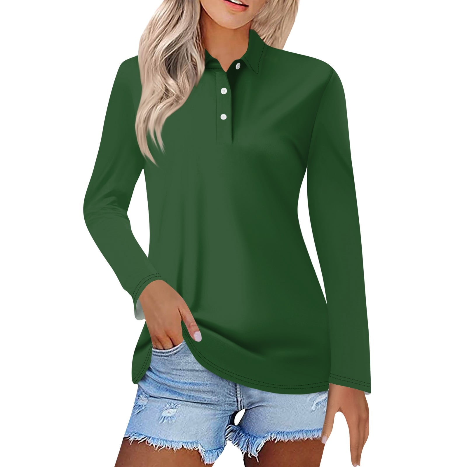 TQWQT Dark Green Polo Shirts for Women Cotton 3 Button Long Sleeve Tops ...