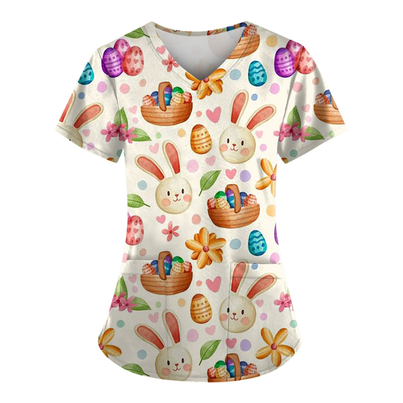 TQWQT Easter Scrubs Tops for Women 2024 Bunny Egg Print Work Uniform ...