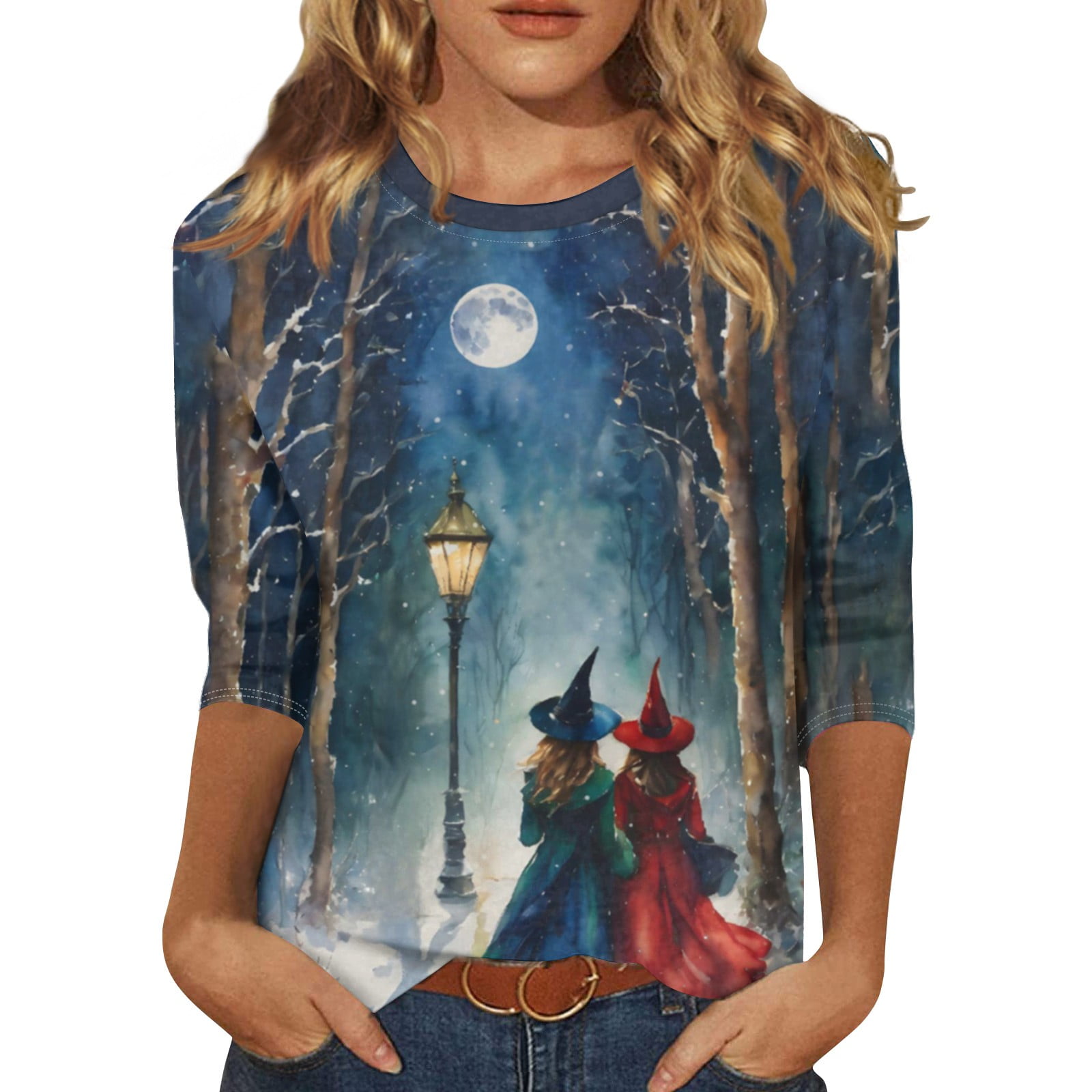 TQWQT Fall Tops for Women 2024 Halloween 3/4 Sleeve Scary Witch Print ...