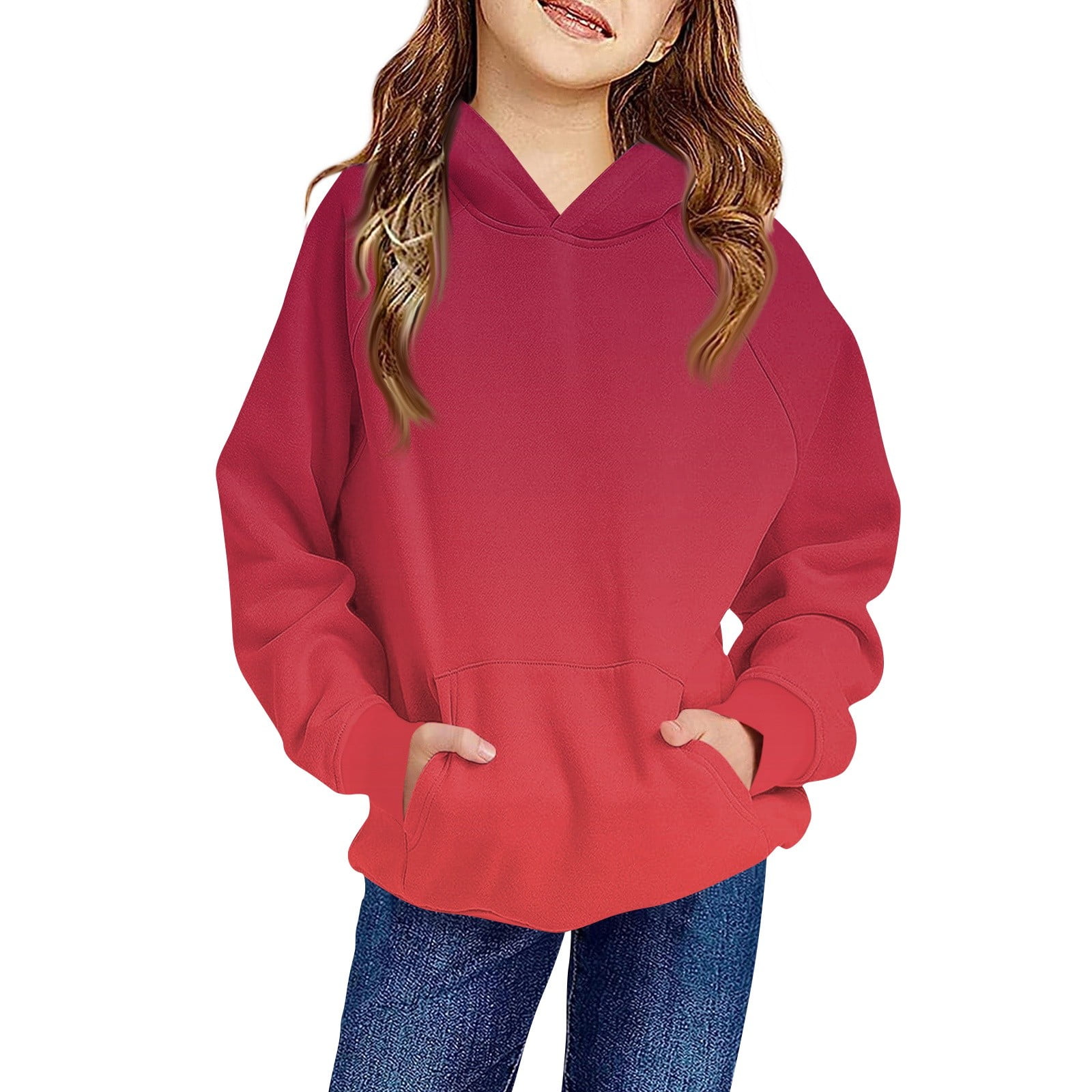 TQWQT Girl's Deep Red Hoodie Size 10-12 Oversized Gradient Sweatshirts Long Sleeve Drawstring ...