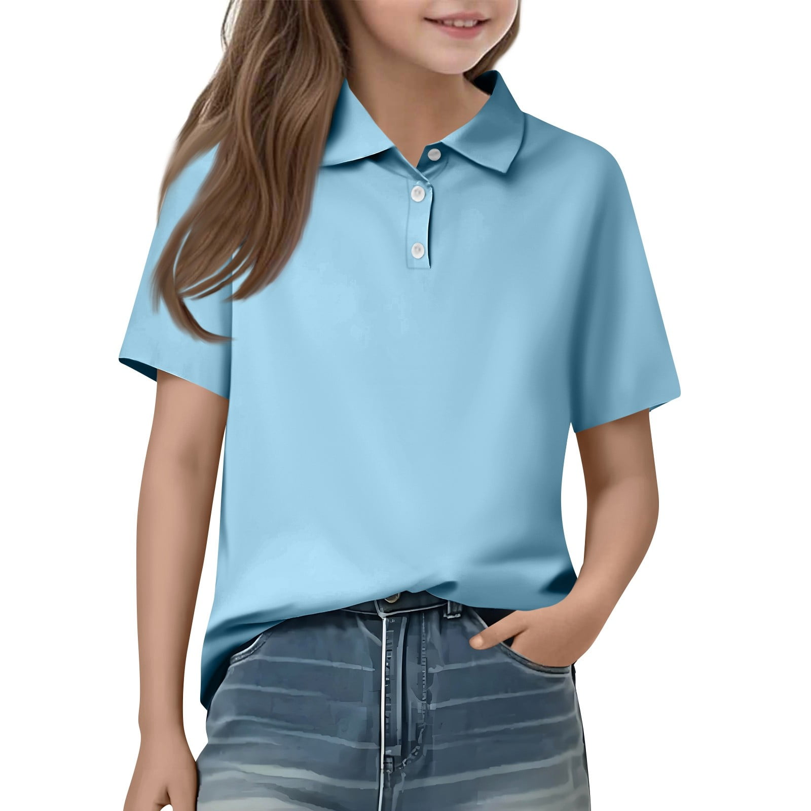 TQWQT Girl's Light Blue Polo Shirts Size 11-12 2025 Short Sleeve Summer Tops Button V Neck Kids ...