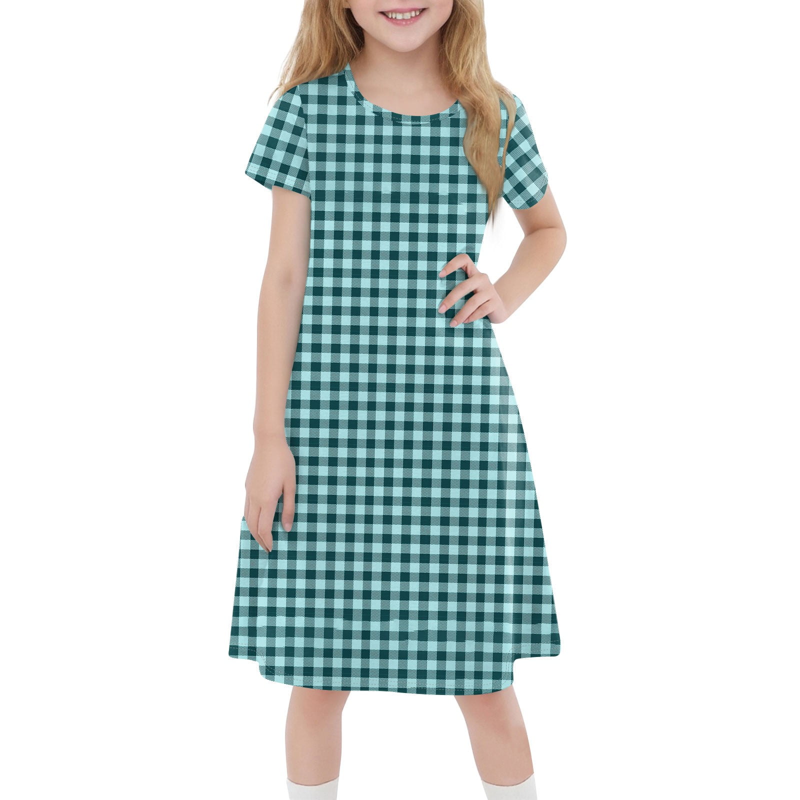 TQWQT Girls Cyan Dresses Size 10-12 Casual Plaid Print Tween Girls T ...