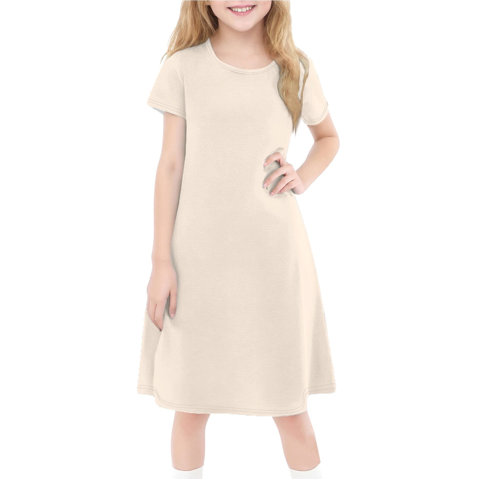 TQWQT Girls Dresses Beige Kids Crew Neck Size 10-12 Kids Skater Dress ...