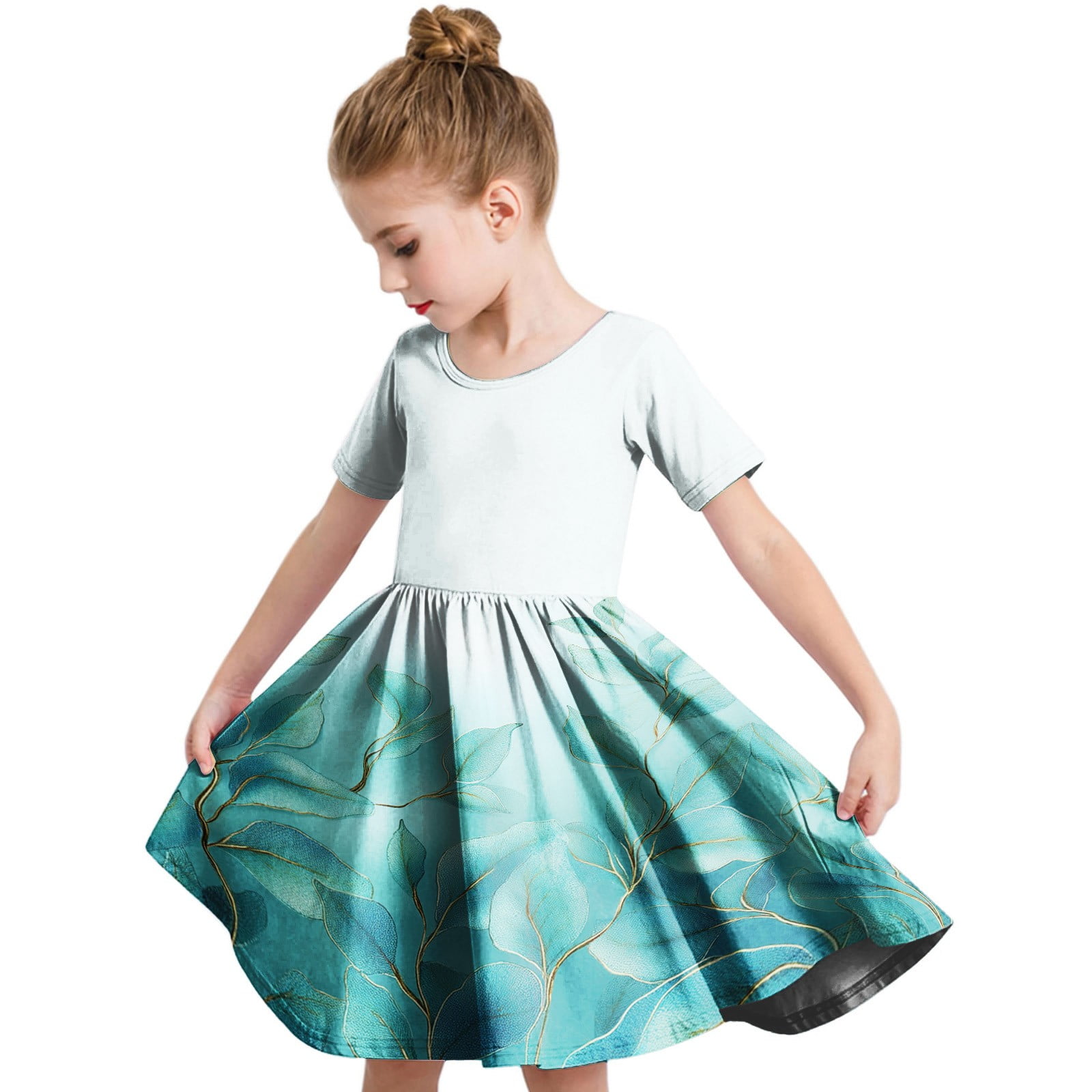 TQWQT Girls Dresses Size 10-12 Short Sleeve A Line Sundress Green Kids ...