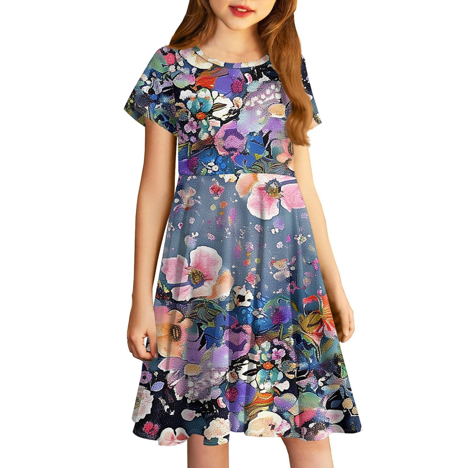TQWQT Girls Dresses Summer Short Sleeve Cyan Dress Size 10-12 A Line ...