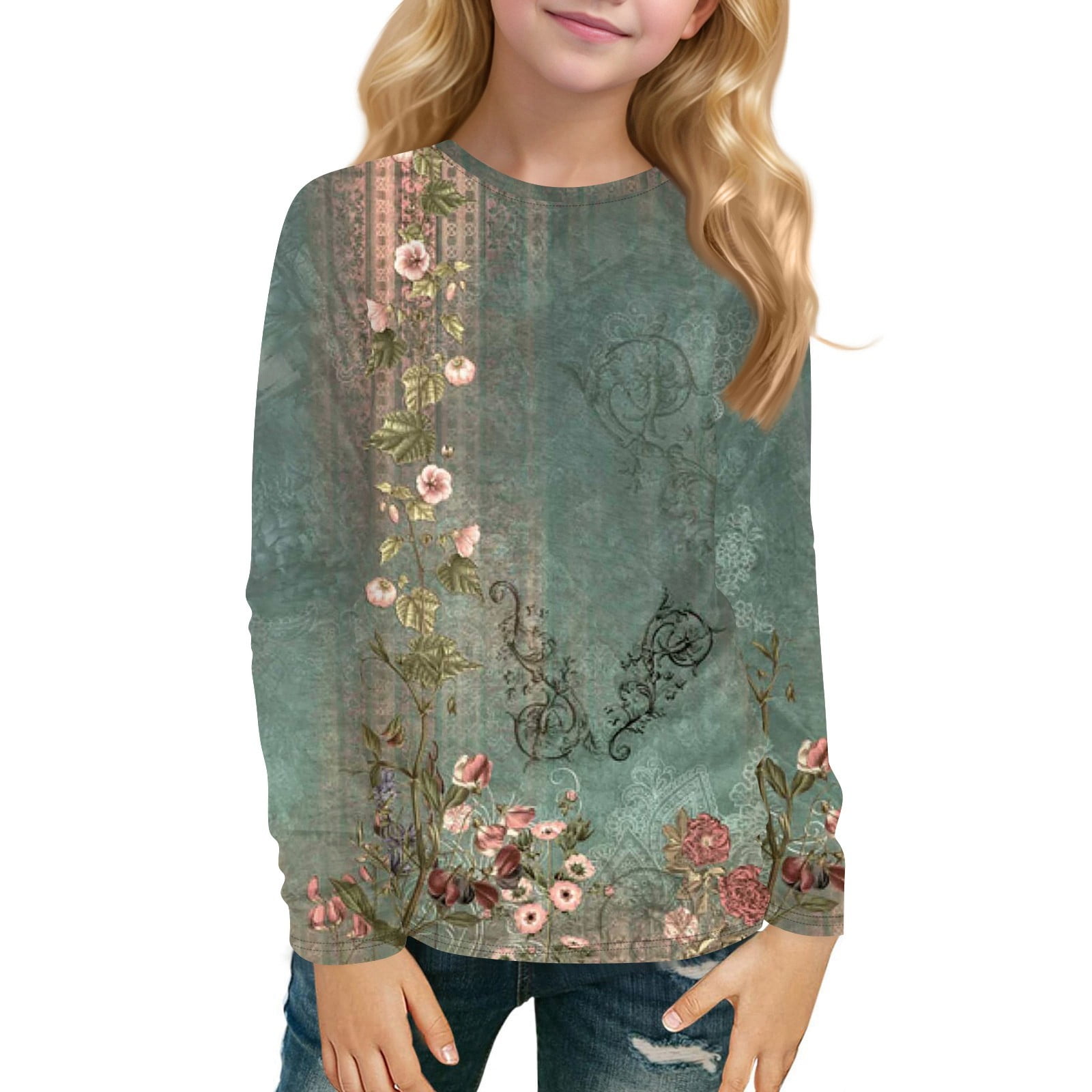 TQWQT Girls Ethnic Floral Print Long Sleeve Shirt Trendy Graphic Tee ...