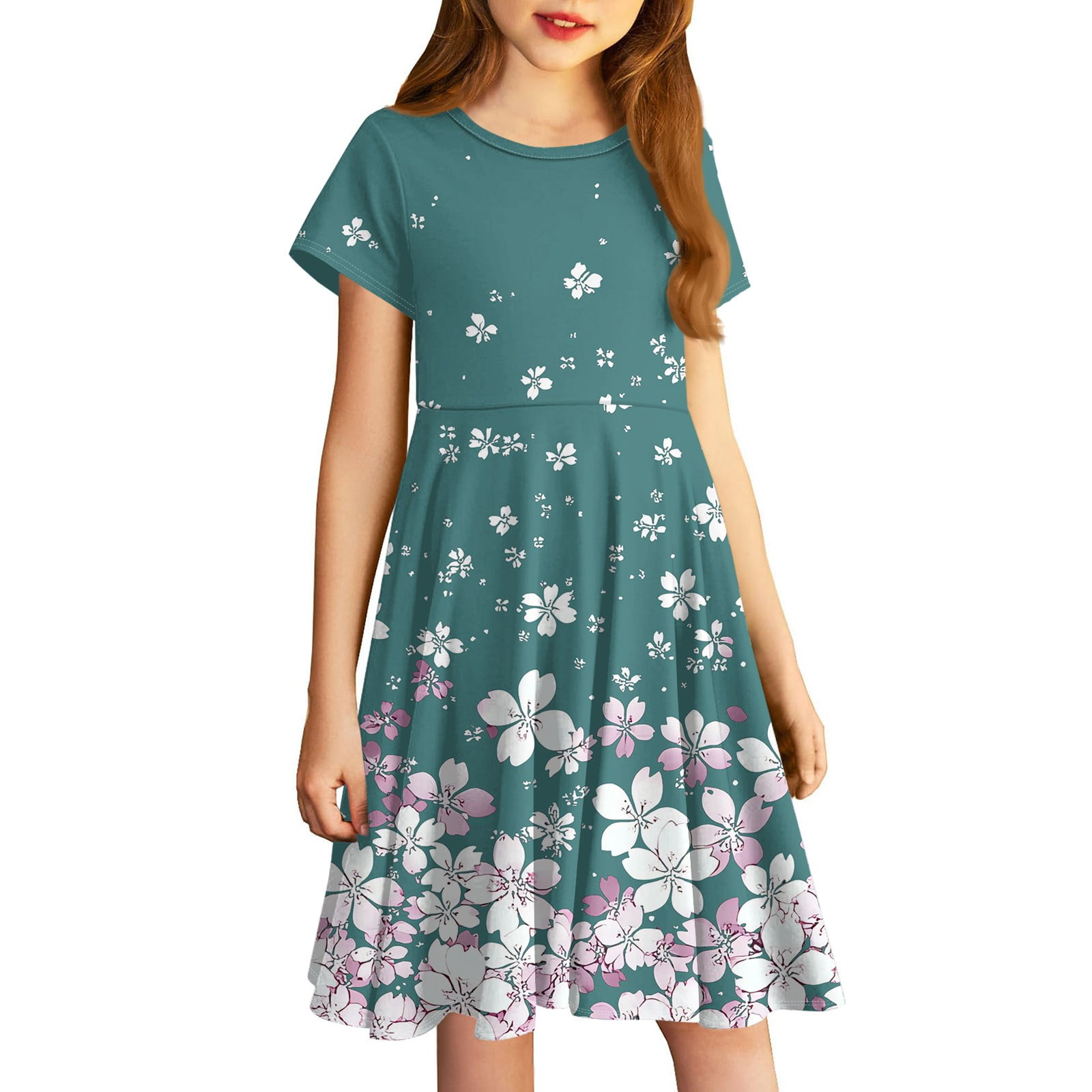 TQWQT Girls Light Blue Dresses Summer Cute Beach Dress Kids Crew Neck ...