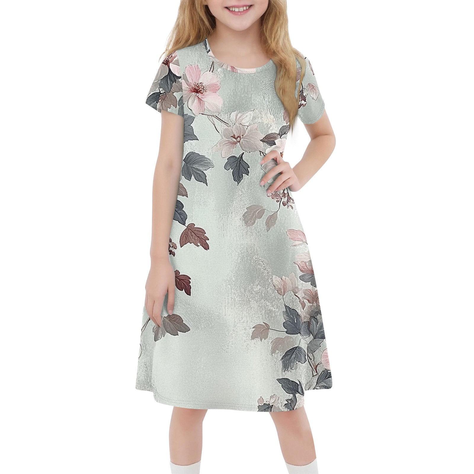 TQWQT Girls Light Gray Dresses Summer Short Sleeve Beach Dress Size 10 ...