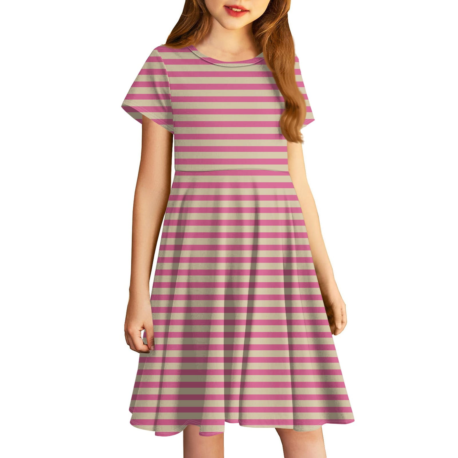 TQWQT Girls Pink Dresses Size 10-12 Casual Striped Color Block Tween ...