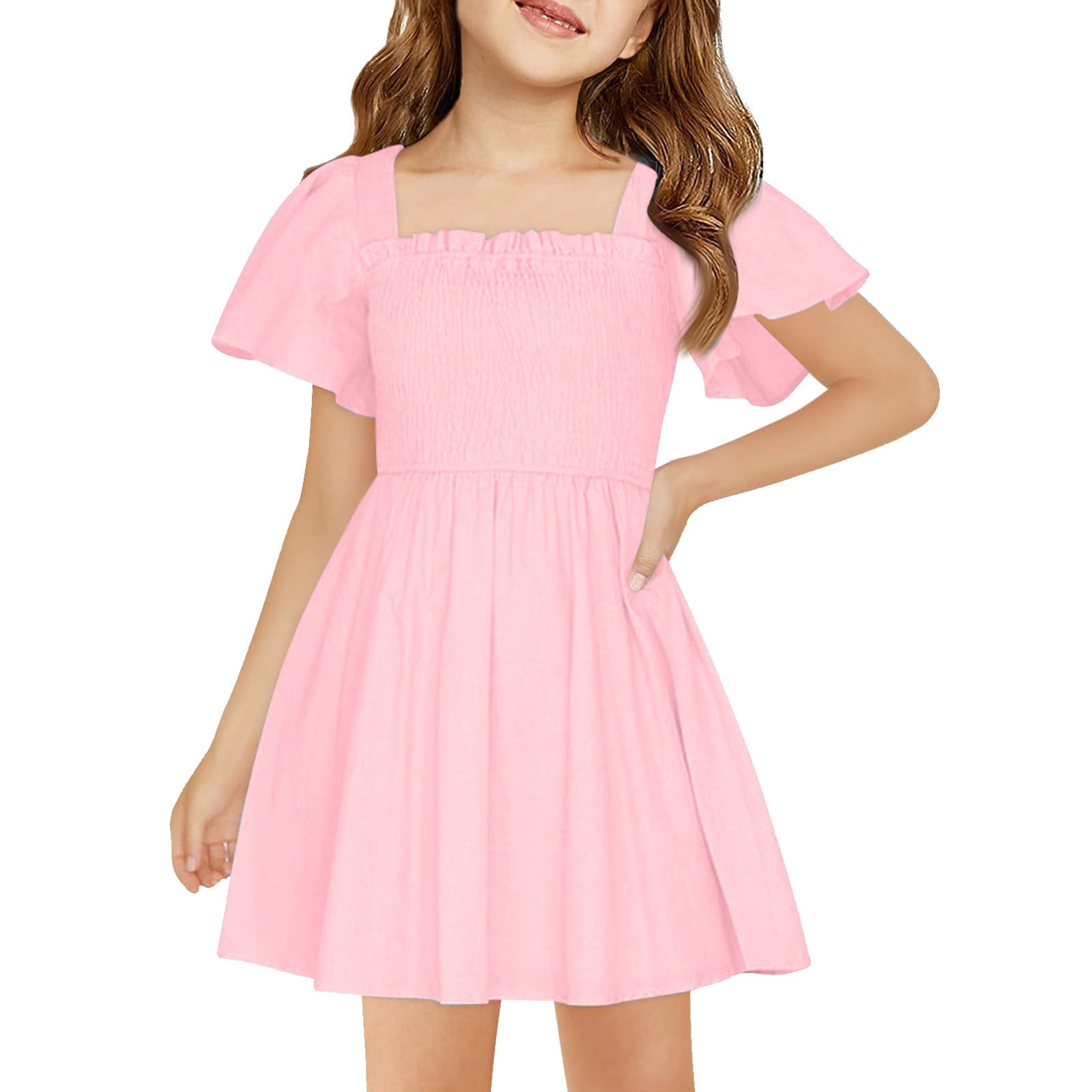 TQWQT Girls Pink Dresses Summer Ruffle Short Sleeve Girls Sundress Size ...