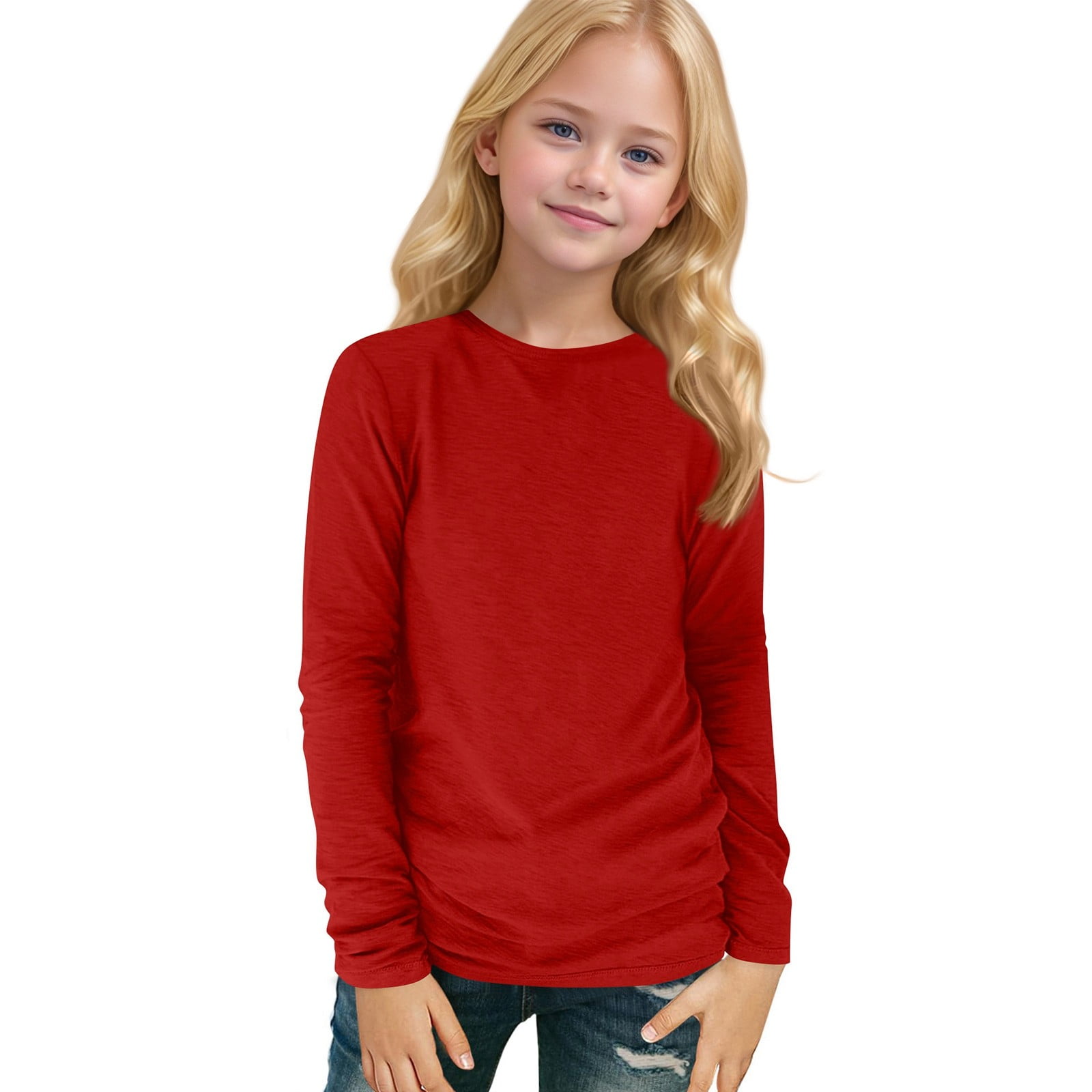 TQWQT Girls Red Long Sleeve Shirt Plain Tshirt Kids Crewneck Size 10-12 ...