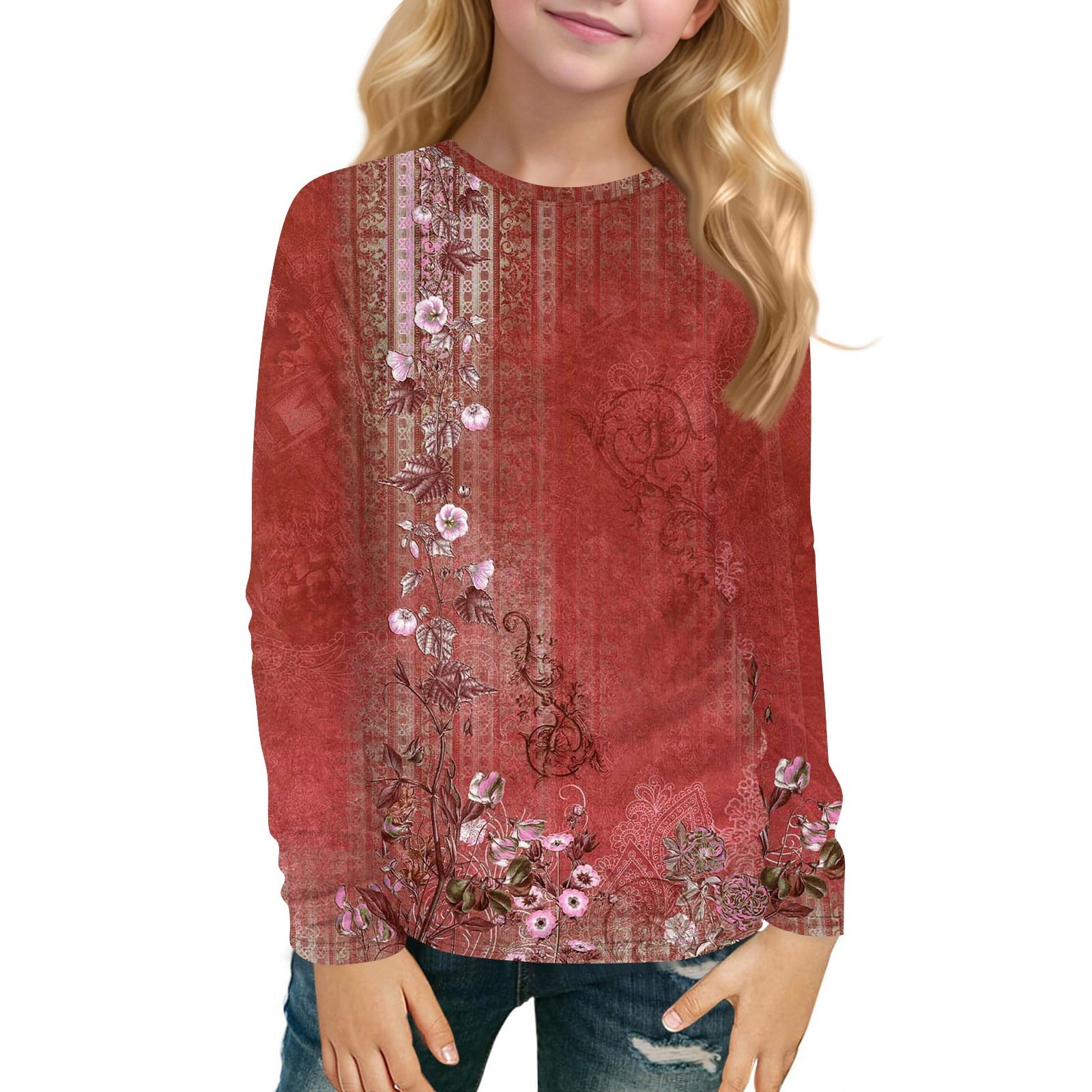 TQWQT Girls Tops Size 10-12 Long Sleeve Shirt Ethnic Floral Print Kids ...