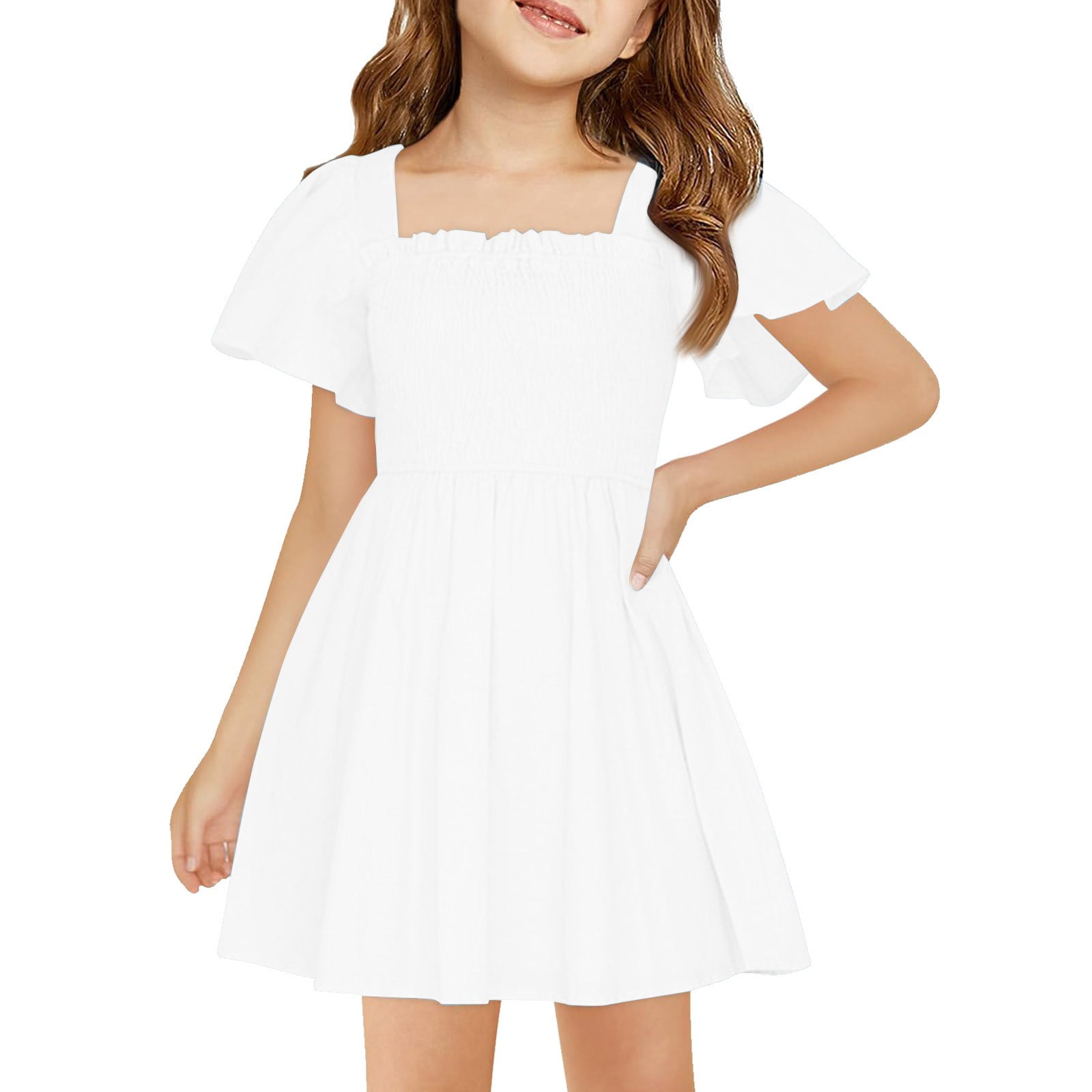 TQWQT Girls White Dresses Summer Ruffle Short Sleeve Beach Dress Size ...