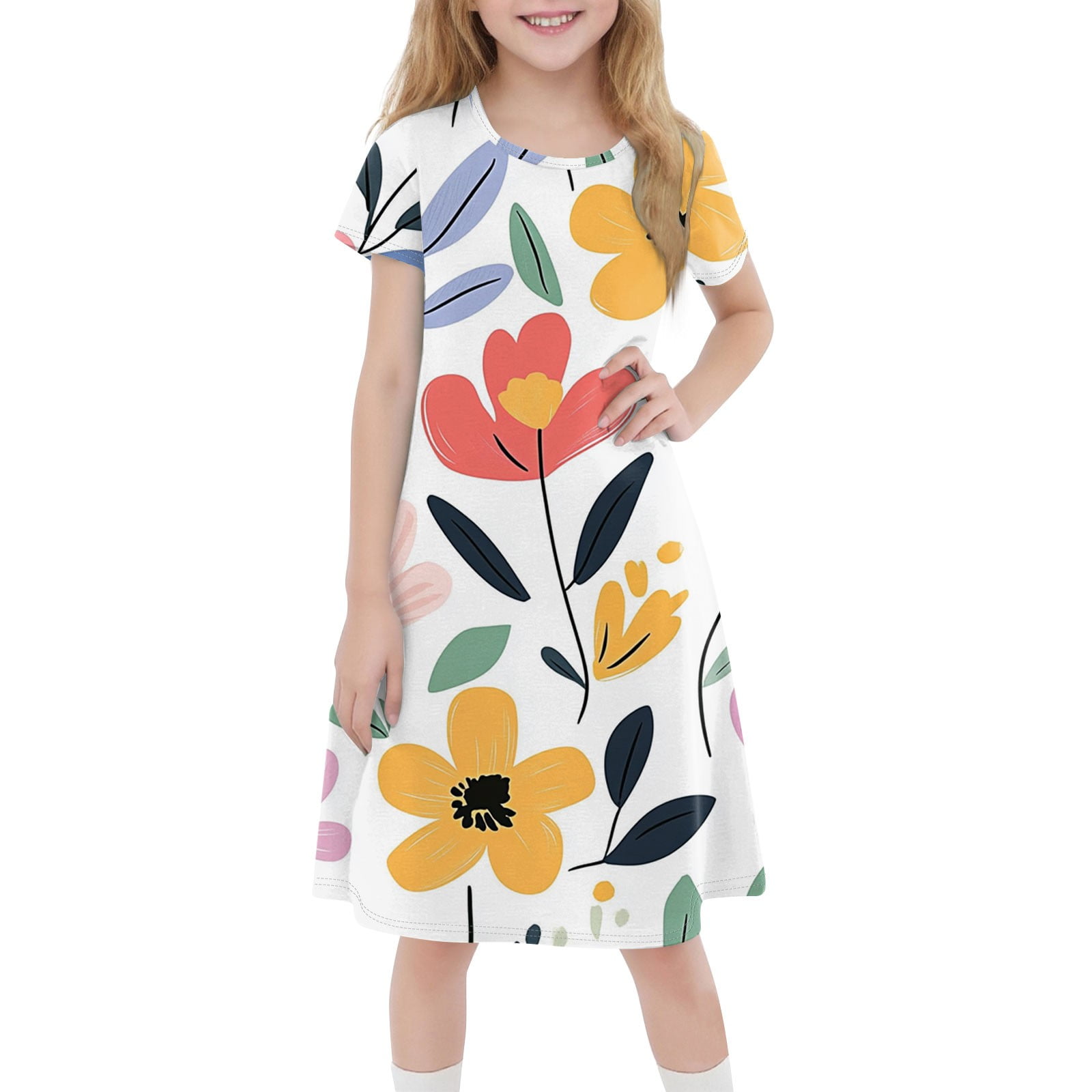 TQWQT Girls White Dresses Summer Short Sleeve Floral Print Dress Size ...