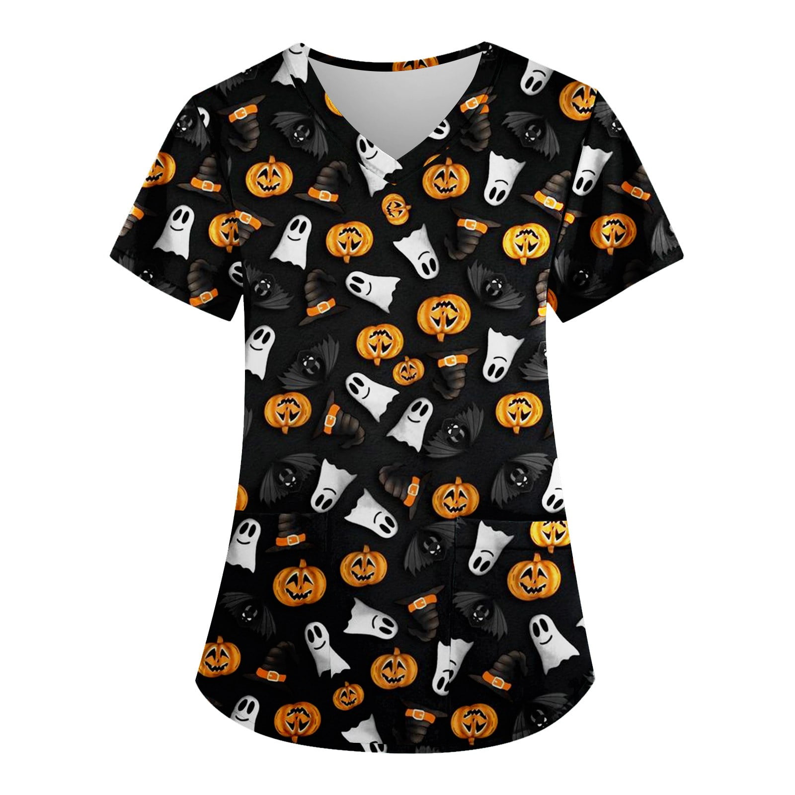 TQWQT Halloween Scrubs for Women Pumpkin Cat Bat Print Short Sleeve V ...