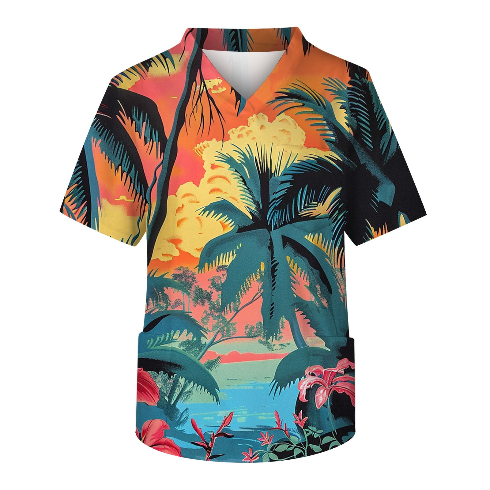 TQWQT Hawaiian Scrub Tops Men Floral Tropical Print V Neck Short Sleeve ...