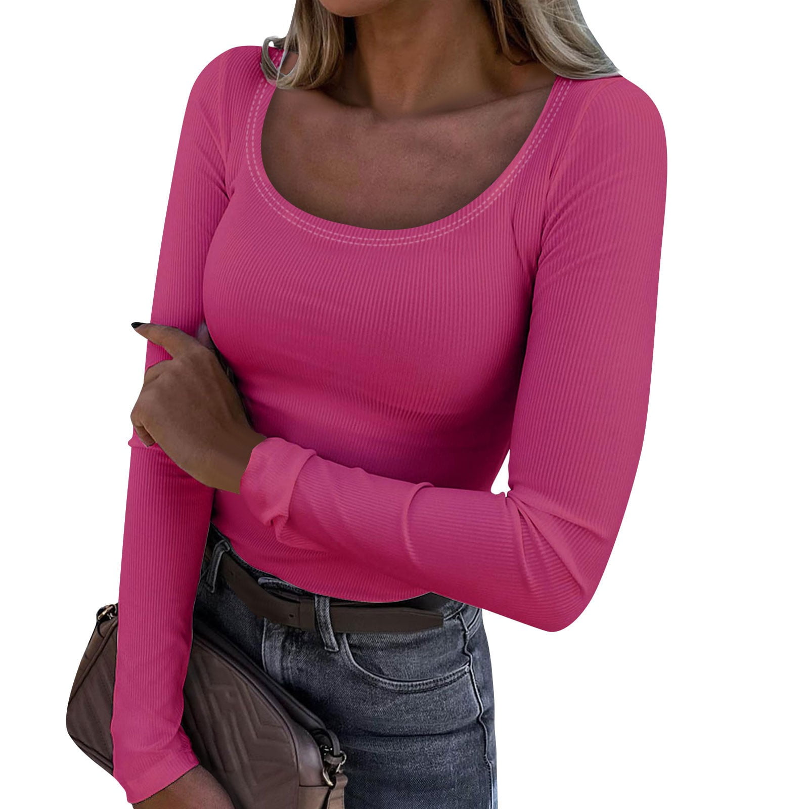 TQWQT Hot Pink Long Sleeve Shirts for Women Scoop Neck Ribbed Knit Slim ...