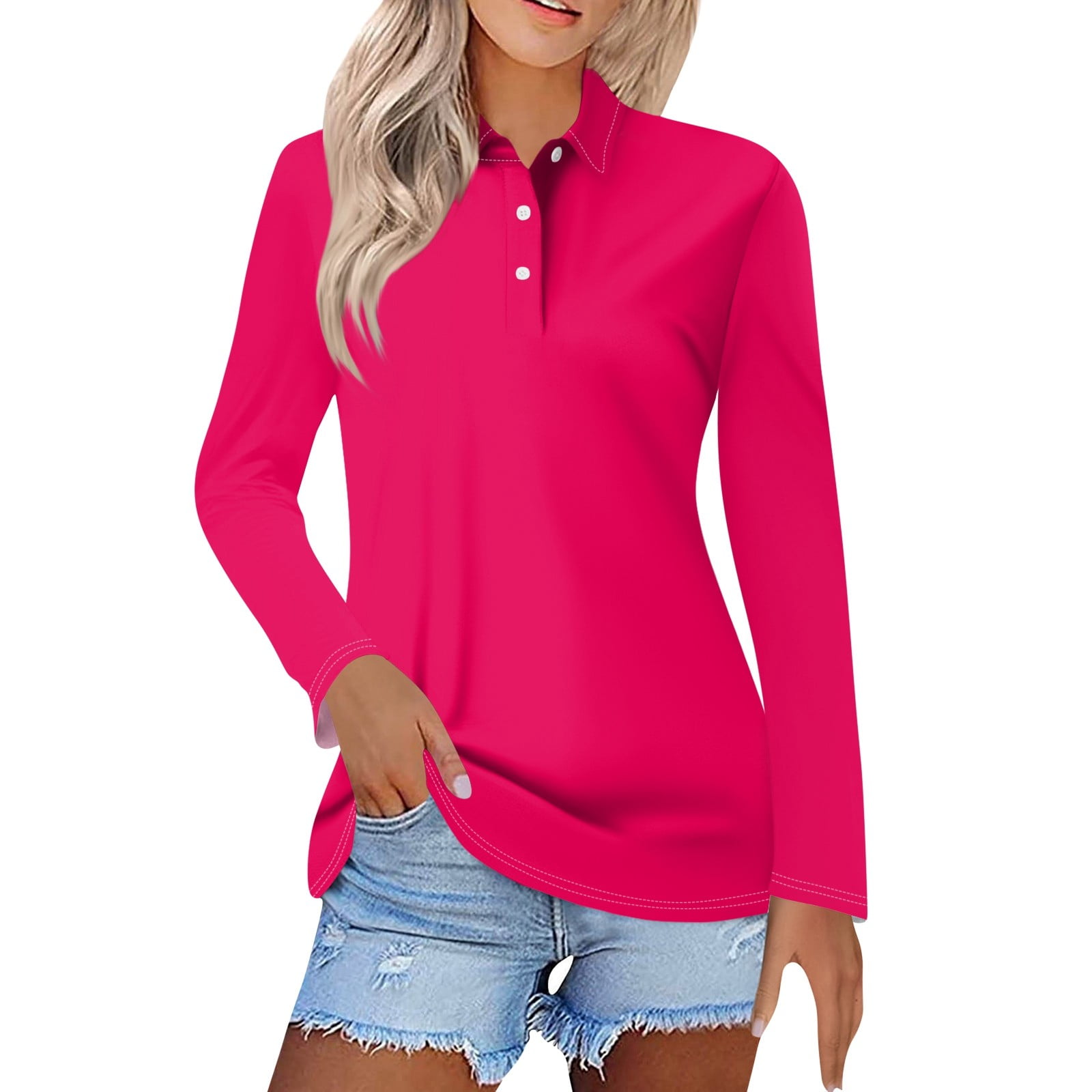 TQWQT Hot Pink Polo Shirt Woman Fall Quick Dry Long Sleeve Button Down ...