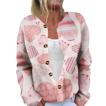 TQWQT Valentines Day Sweater Women 2025 Open Front Love Heart Print Holiday Sweater Button Down ...