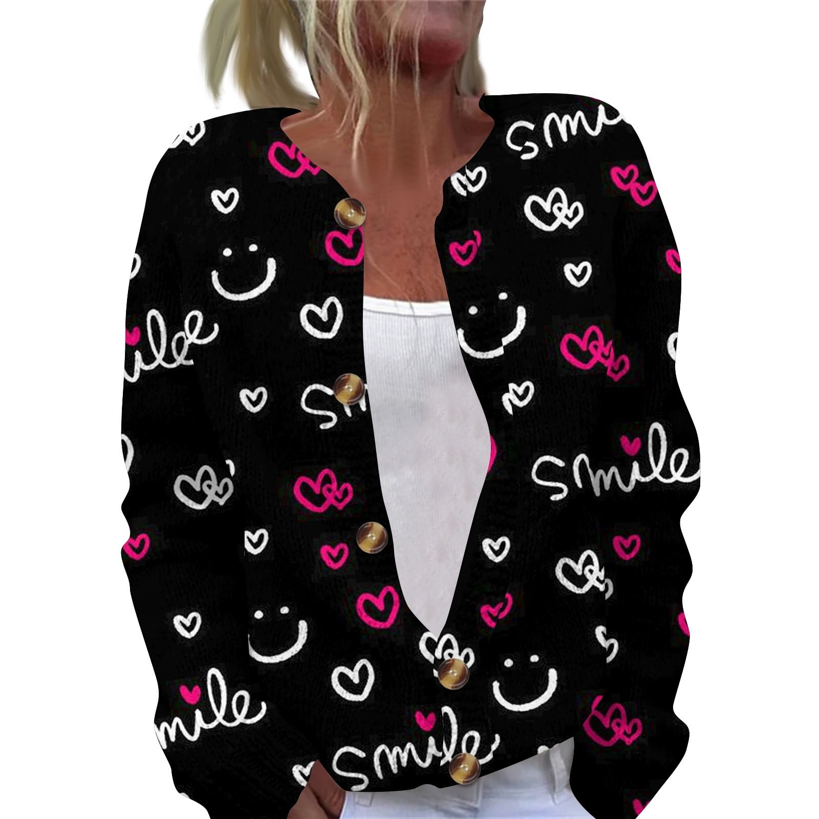 TQWQT Knitted Valentines Day Sweater Women Plus Size Open Front Love Heart Print Cute Cardigans ...