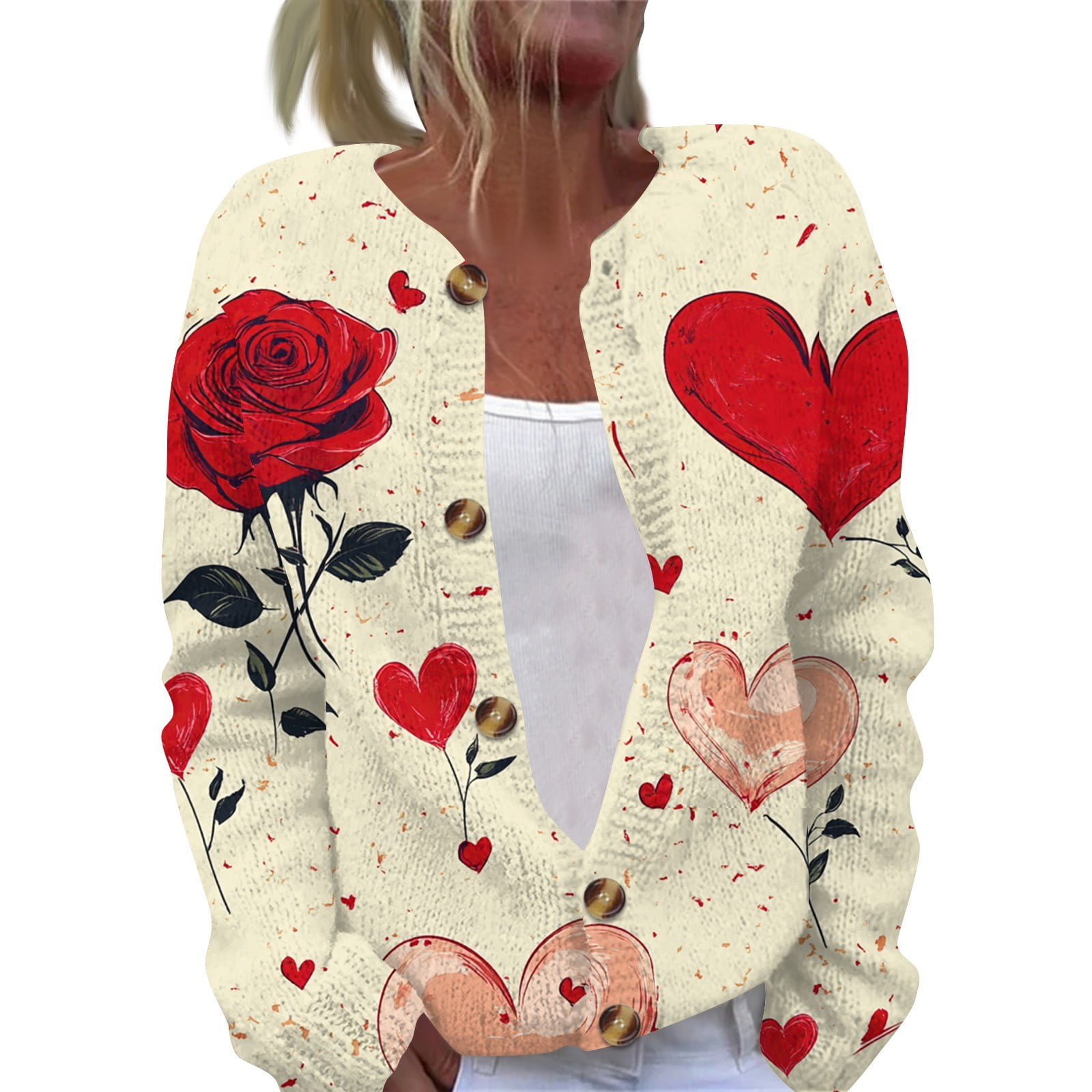 TQWQT Knitted Valentines Day Sweater Women Plus Size Open Front Love Heart Print Holiday ...