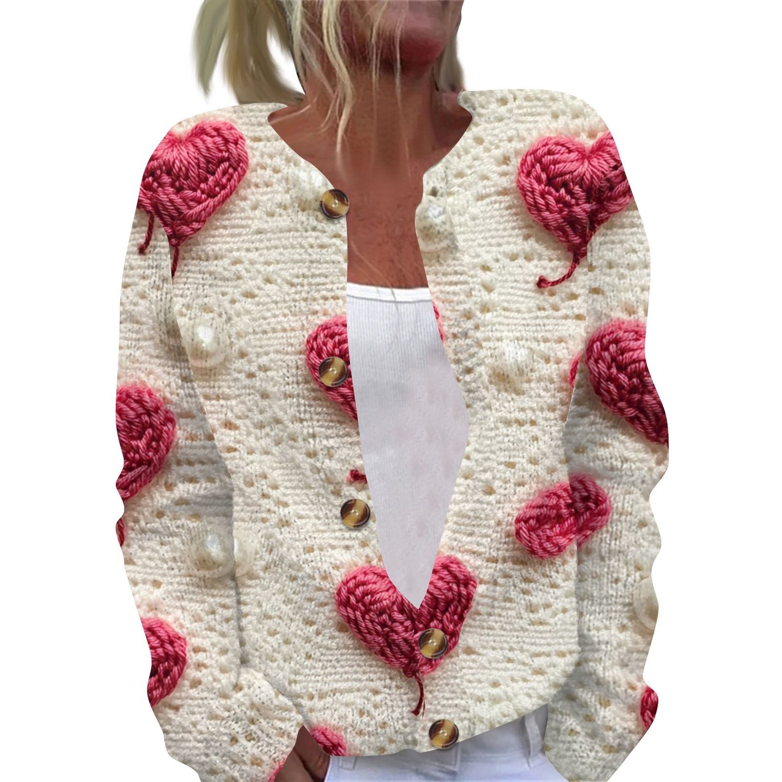 TQWQT Knitted Valentines Day Sweater for Women Plus Size Open Front Love Heart Print Cute ...