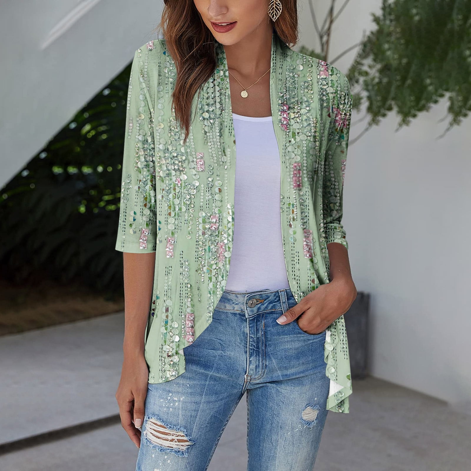 TQWQT Lightweight Cardigans for Women Plus Casual Floral Print 3/4 ...