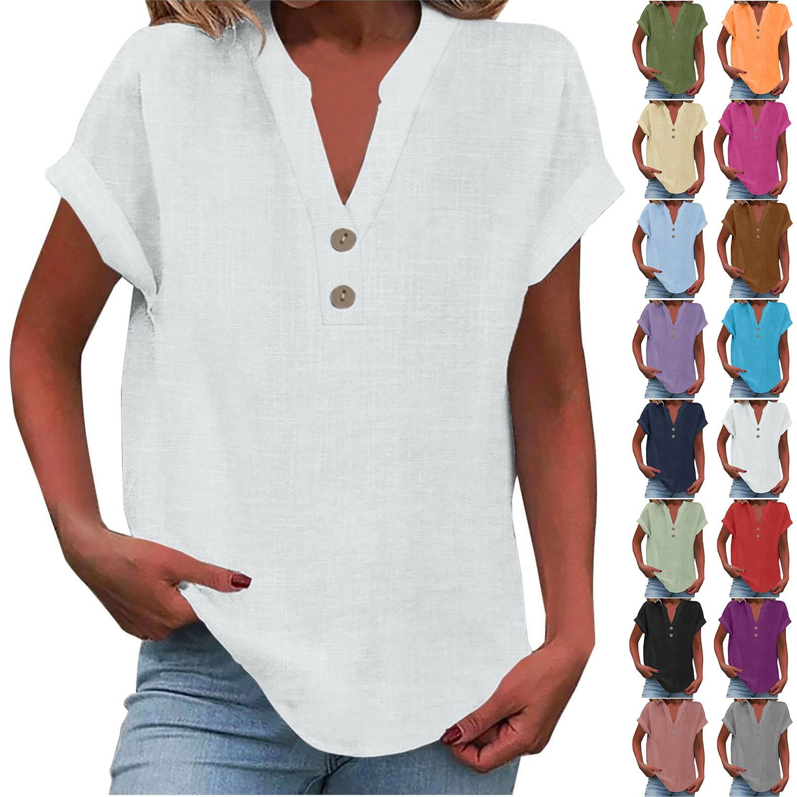 TQWQT Cotton Linen Button Down Shirts for Women V Neck Short Sleeve ...