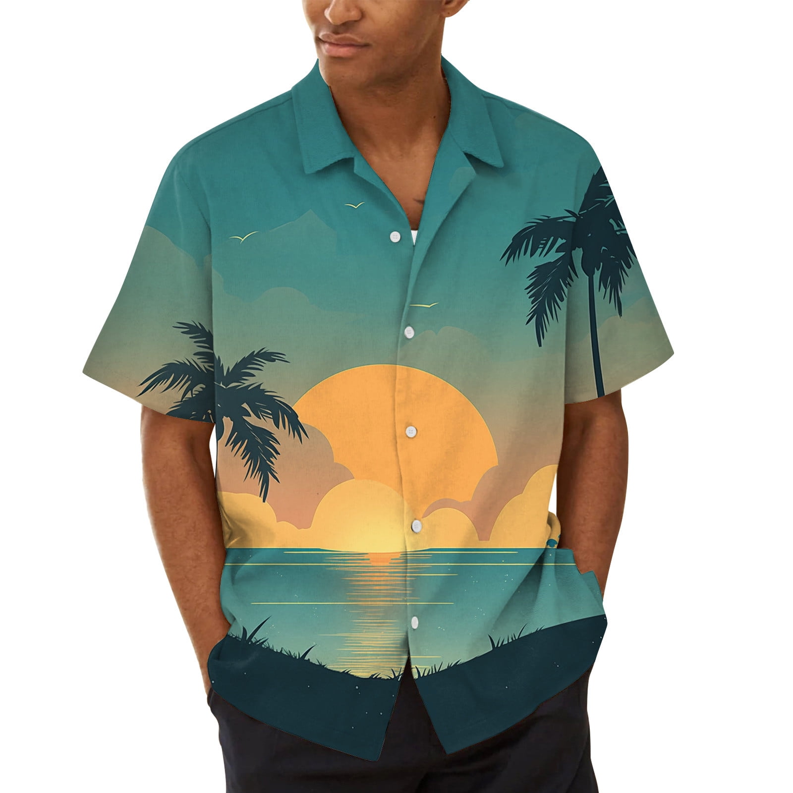 TQWQT Men's Hawaiian Shirt Coconut Tre Print Tropical Beach Aloha Shirt ...