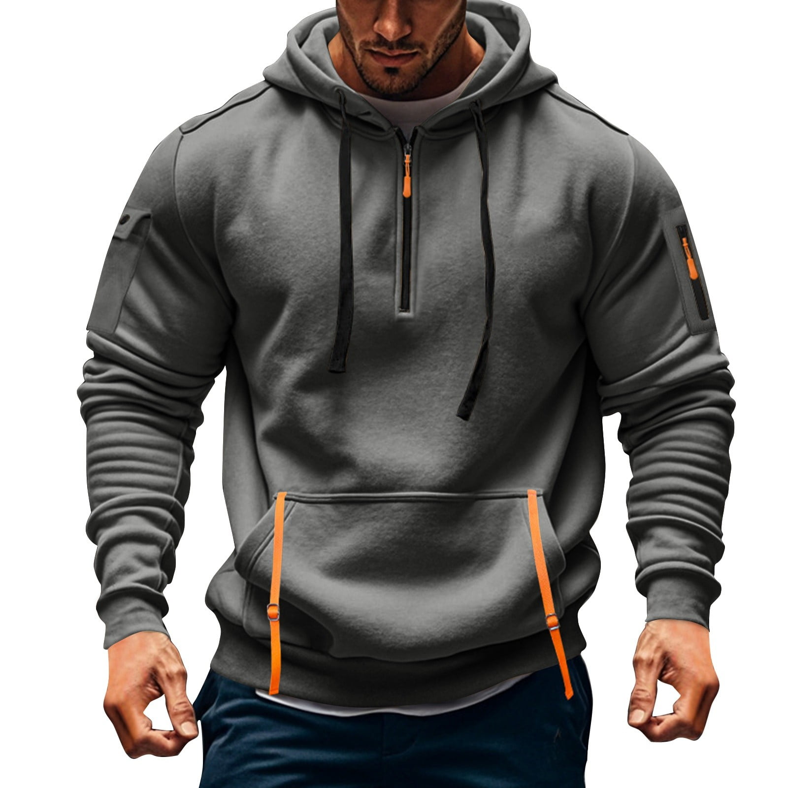 TQWQT Mens Zip Up Hoodie Tactical Dark Gray Big and Tall Hoodies Workout Quarter Zip Pullover ...