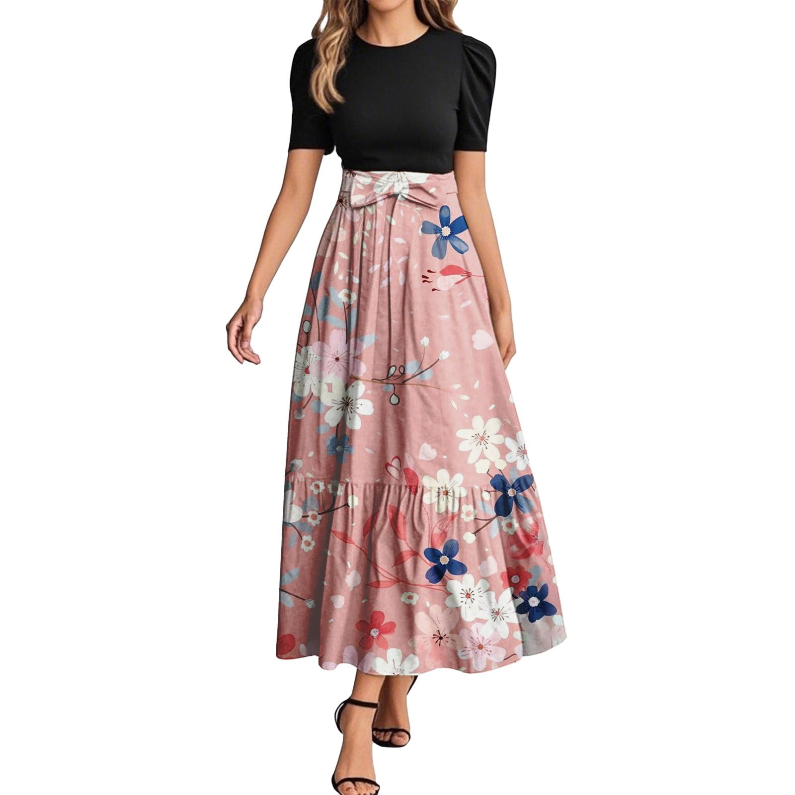 TQWQT Modest Dresses for Women Short Sleeve Teacher Dress Floral Print ...