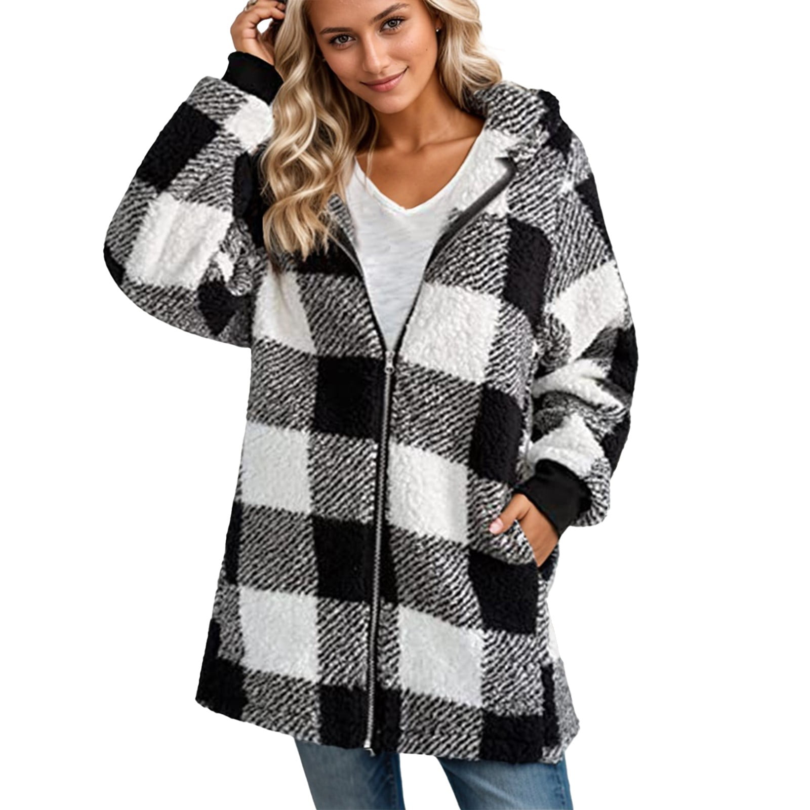 TQWQT Plaid Jackets for Women Plaid Flannel Fleece Jackets Hooded ...