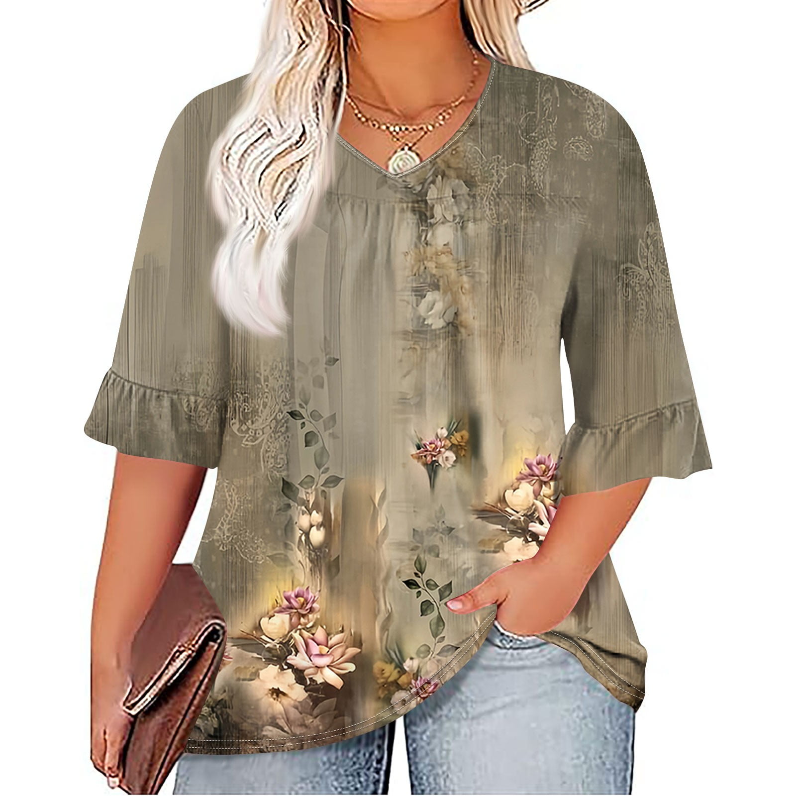 TQWQT Plus Size Tops for Women 4x-5x Summer Ruffle 3/4 Sleeve Tees ...