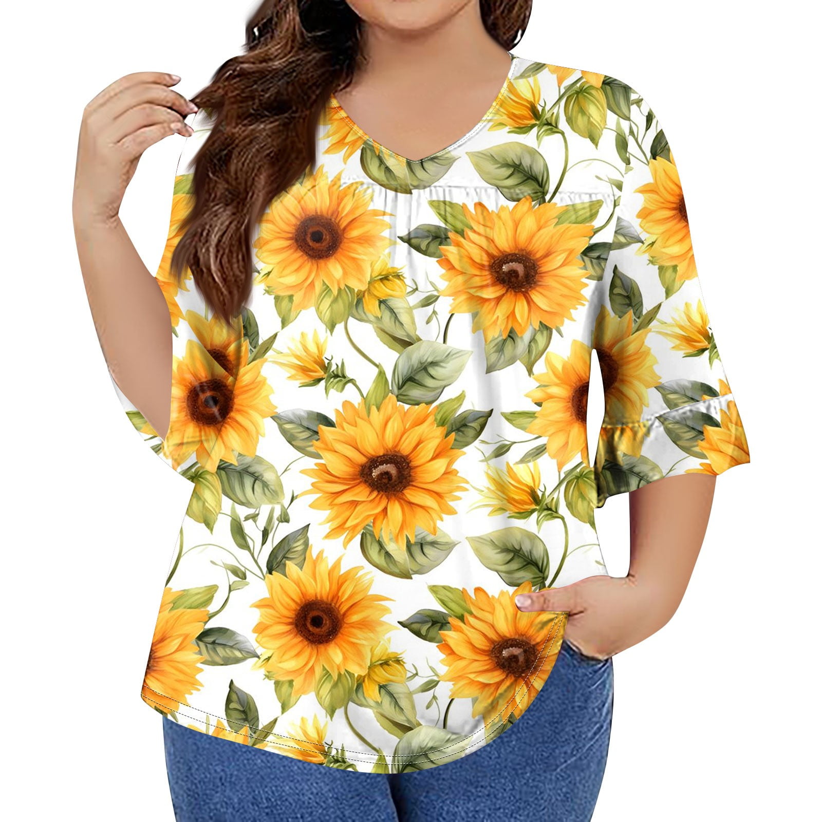 TQWQT Plus Size Tops for Women 4x-5x Shirts Tunics Sunflower Print V ...