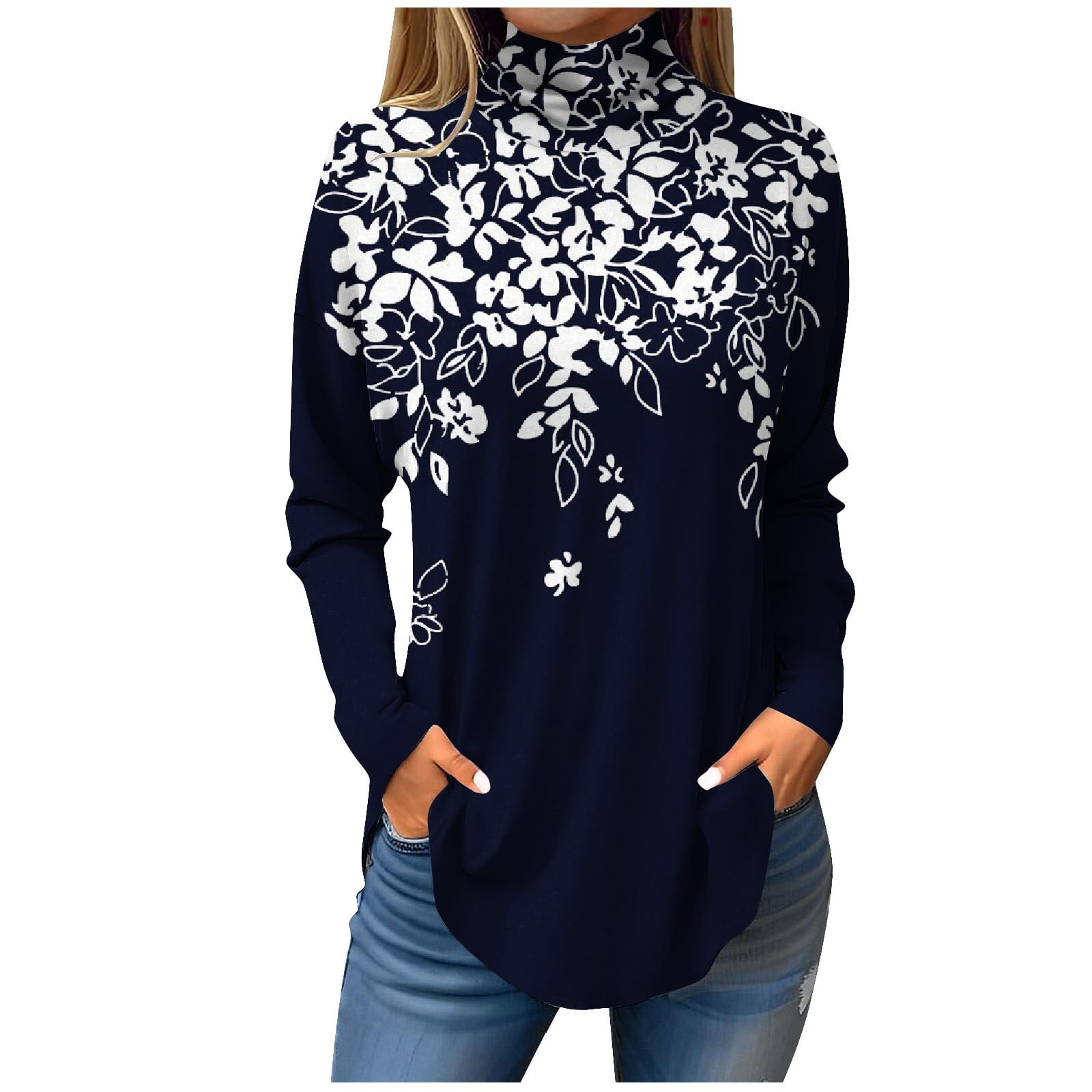 TQWQT Plus Size Turtlenecks for Women Loose Fit Floral Printed Tunic ...