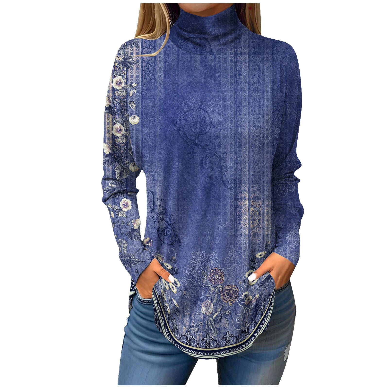 TQWQT Plus Size Turtlenecks for Women Loose Fit Floral Printed Tunic ...