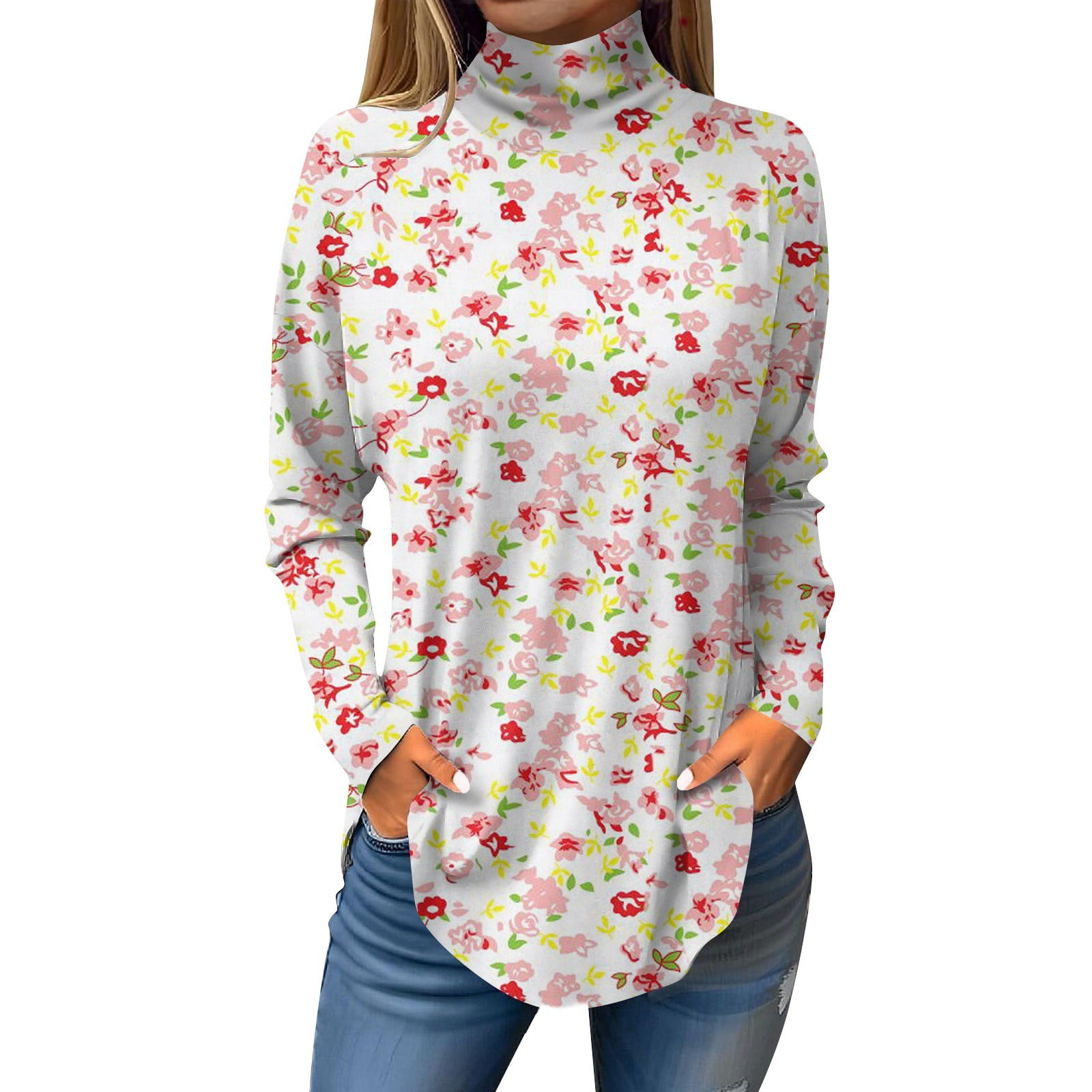 TQWQT Plus Size Turtlenecks for Women Loose Fit Floral Printed Tunic ...