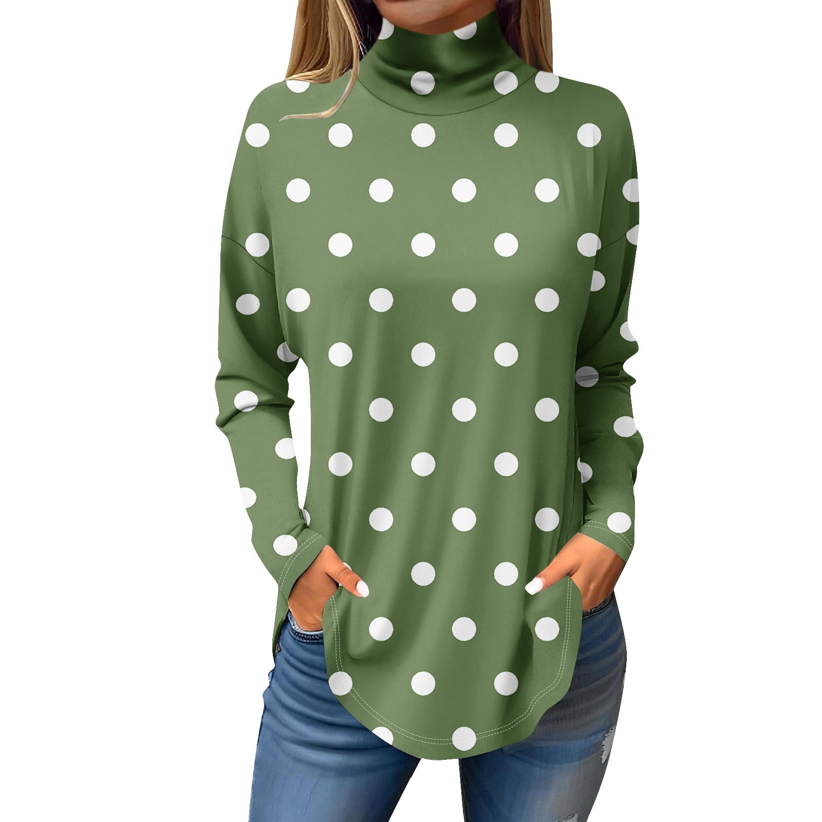 TQWQT Plus Size Turtlenecks for Women Loose Fit Polka Dot Printed Tunic ...