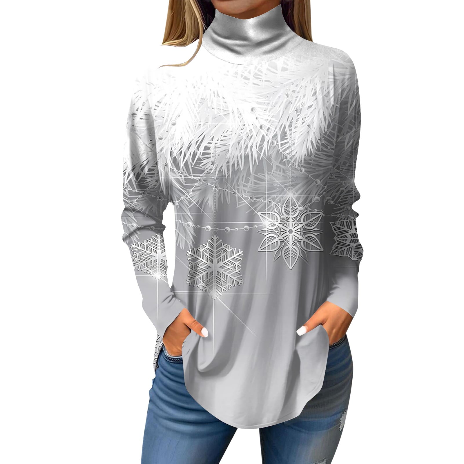 TQWQT Plus Size Turtlenecks for Women Loose Fit Xmas Tree Snowflake ...