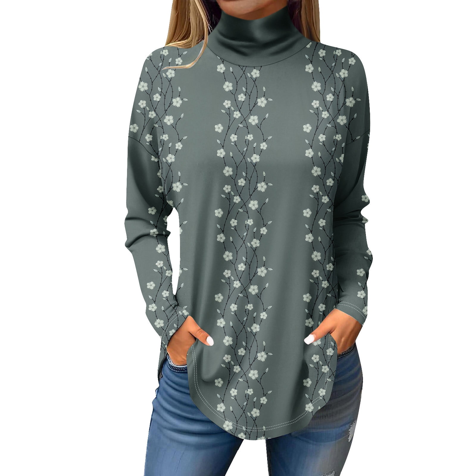 TQWQT Plus Size Turtlenecks for Women Fall Floral Printed Tunic Top ...