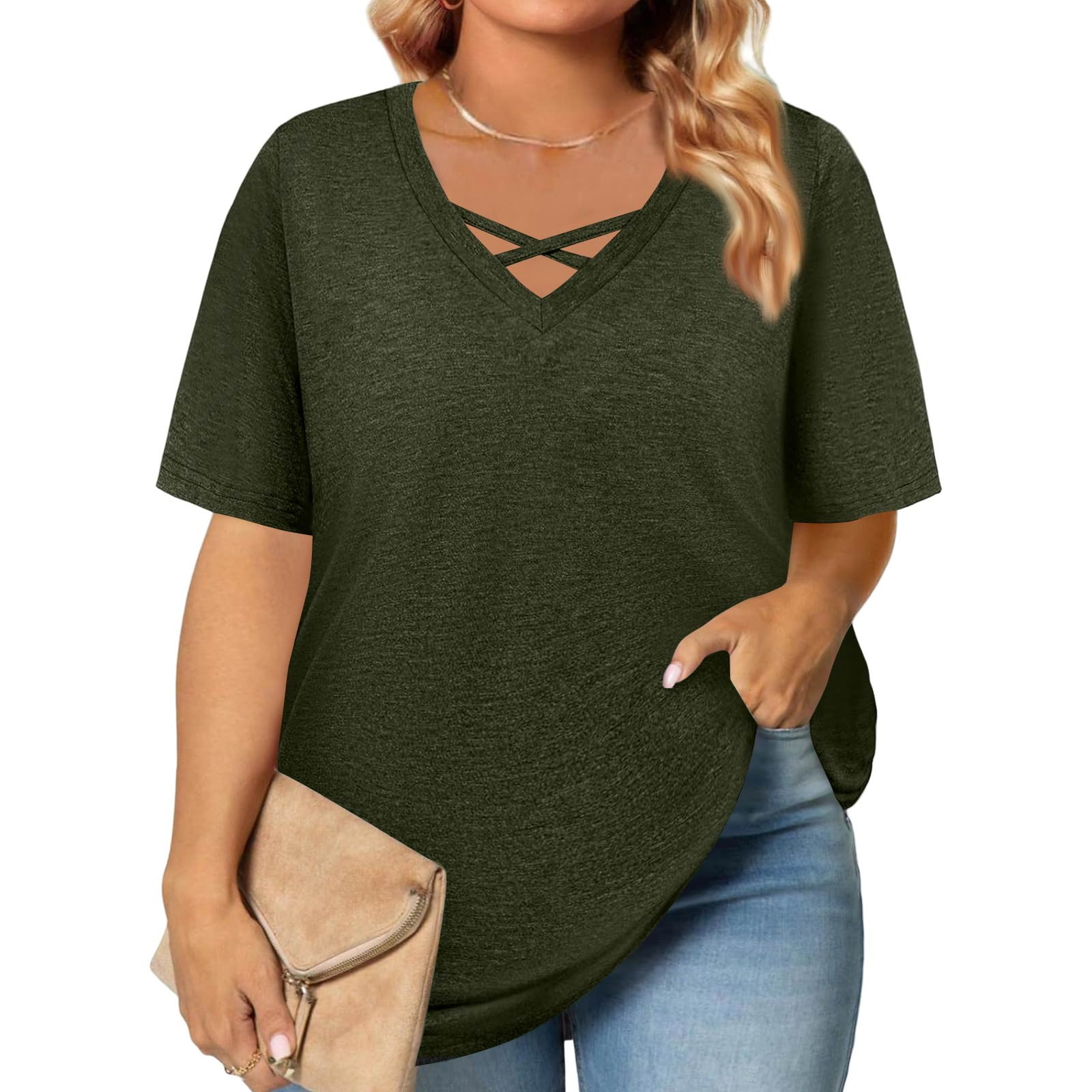 TQWQT Plus Size Womens Tops 4x-5x Sexy Short Sleeve Tunic Tops Army Green Basic Plain Tees V ...