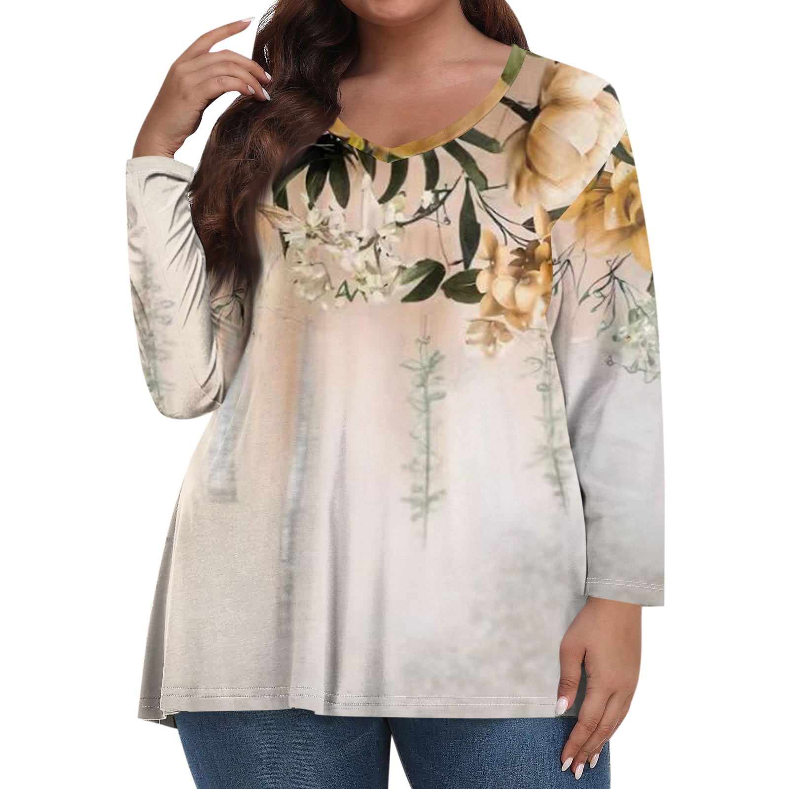 TQWQT Plus Size Womens Tops Fall Plus Floral Top V Neck Pllus Size Long ...