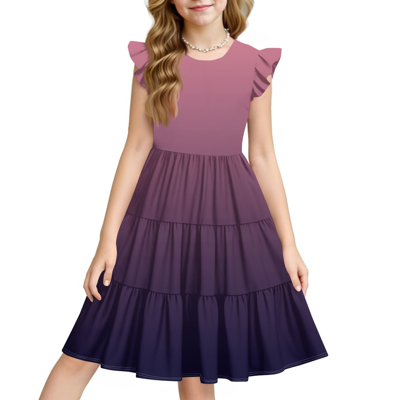 TQWQT Purple Dresses for Girls Cute Gradient Party Dress Kids Crew Neck ...