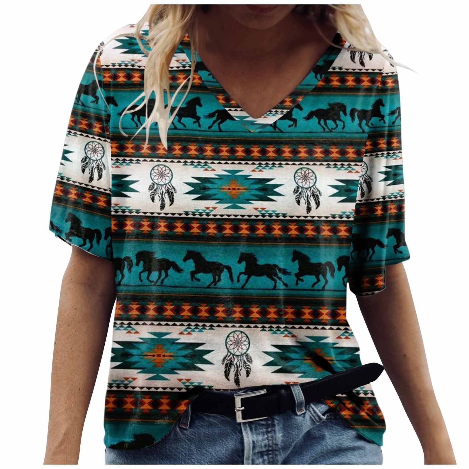TQWQT Short Sleeve Shirts for Women Causal V Neck Western Aztec T Shirt ...